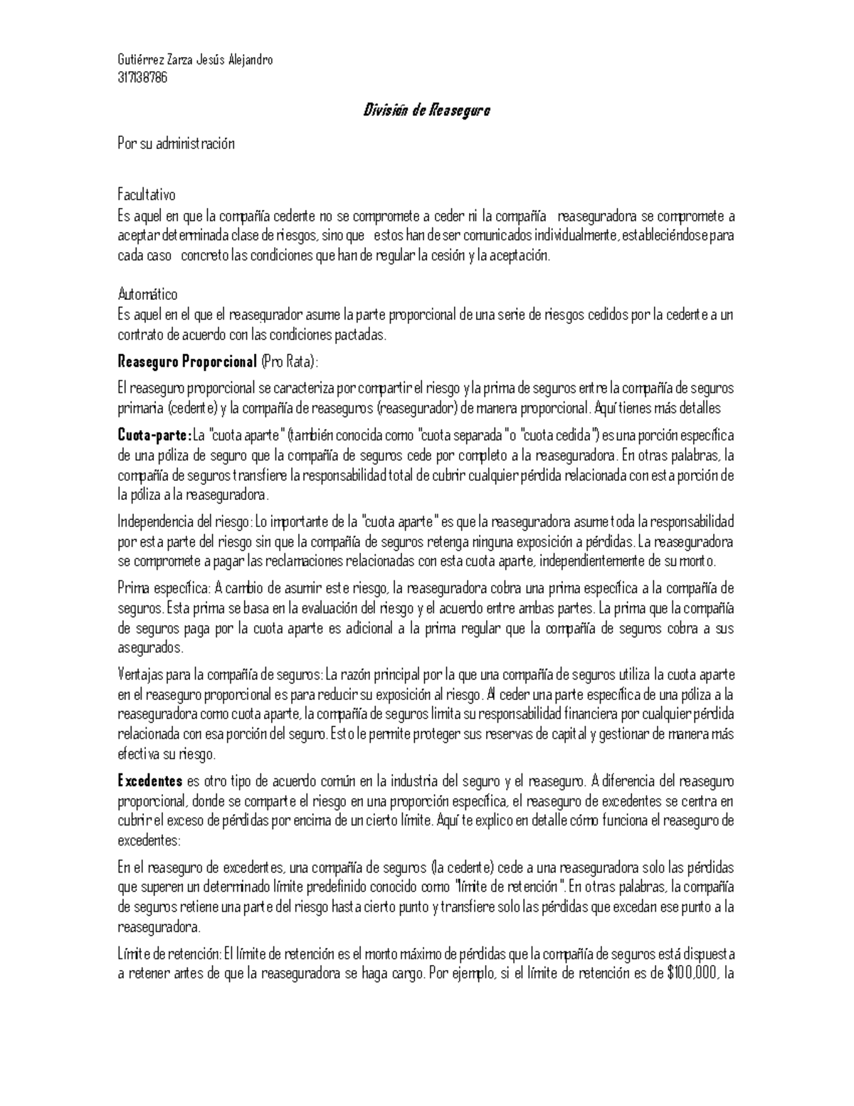 Teoria del riesgo - Gutiérrez Zarza Jesús Alejandro 317138786 División de Reaseguro Por su - Studocu