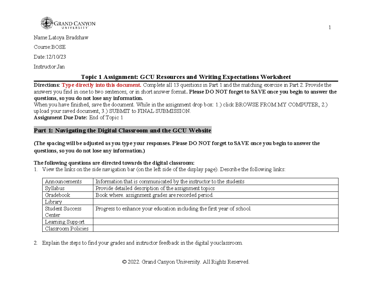 UNV-103-RS-T1-Resources Worksheet-Online 3 - Name:Latoya Bradshaw Course:BOSE Date:12/10/ - Studocu