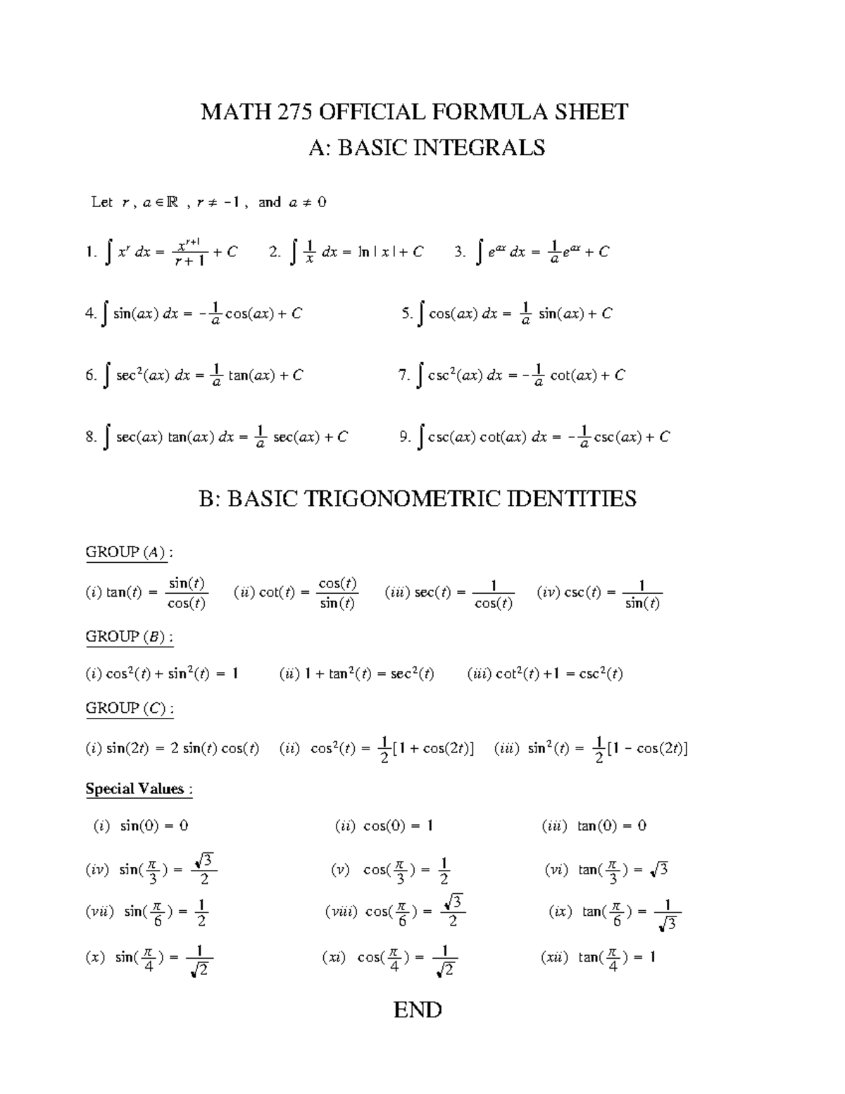 MATH275MTFormula F181 - MATH 275 OFFICIAL FORMULA SHEET A: BASIC ...