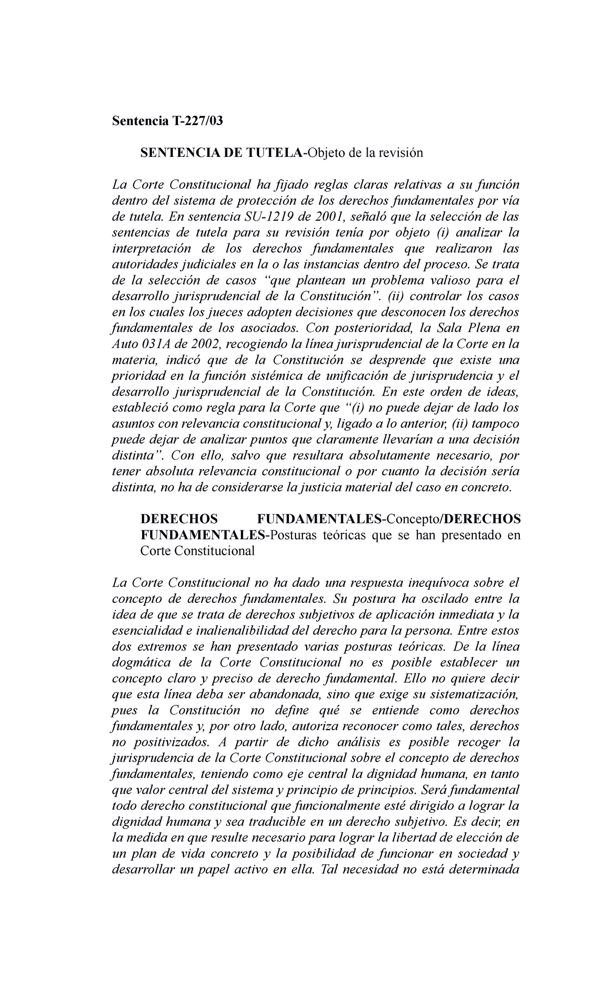 T-227-03 - Sentencia T-227/ SENTENCIA DE TUTELA-Objeto de la revisión ...