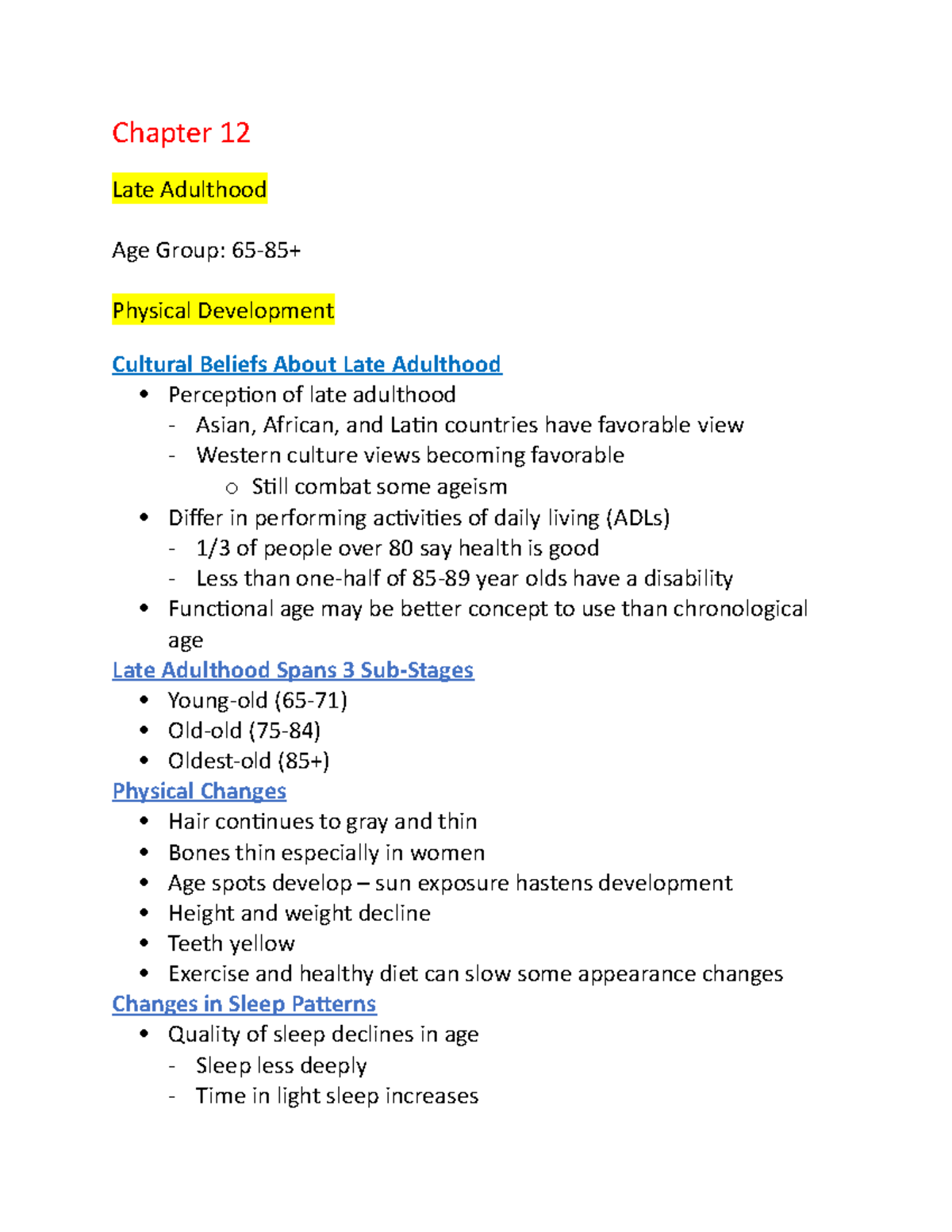 Chapter 12 - Chapter 12 Late Adulthood Age Group: 65-85+ Physical ...