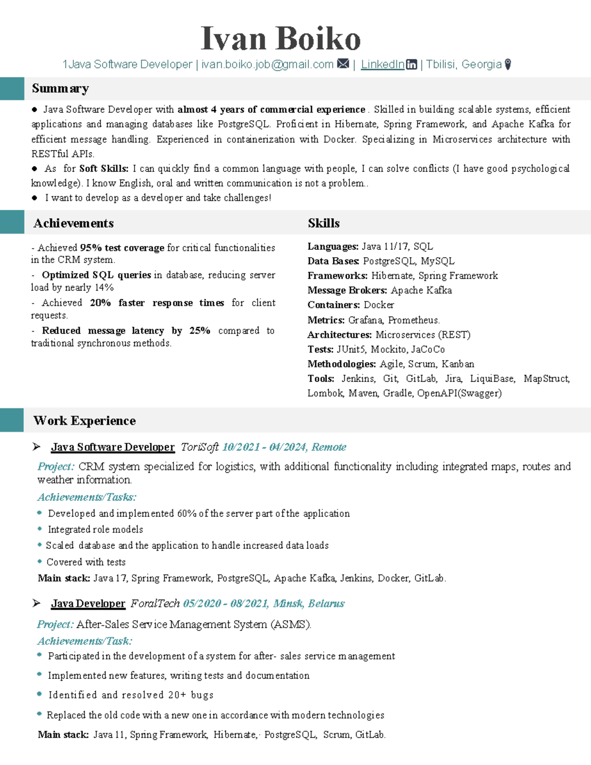 Java Dev Ivan Boiko - 123 - Ivan Boiko 1 Java Software Developer | ivan.boiko@gmail | LinkedIn ...