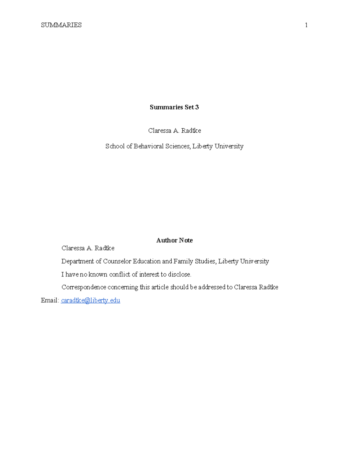 Summaries Set 2 - Radtke School of Behavioral Sciences, Liberty ...