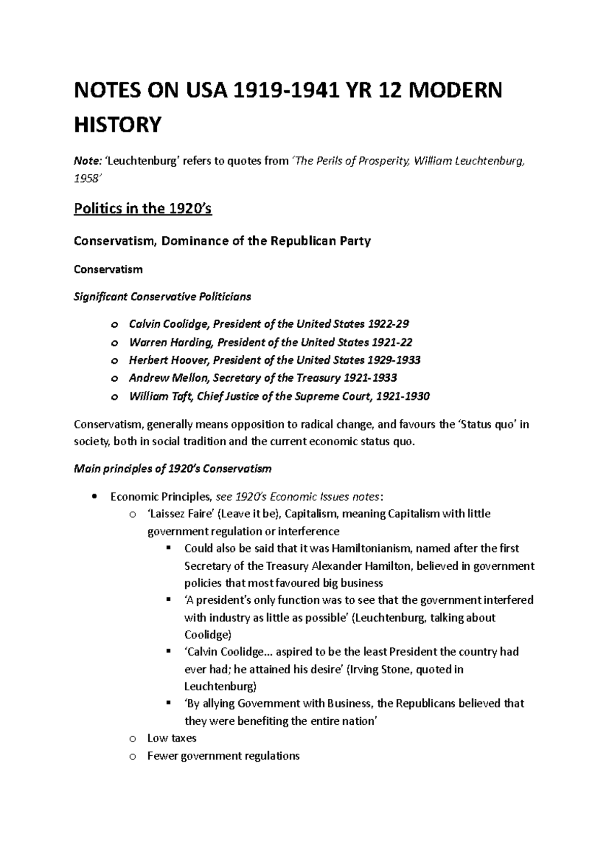 Study notes for modern history topic USA 1919 -1941 - NOTES ON USA 1919 ...