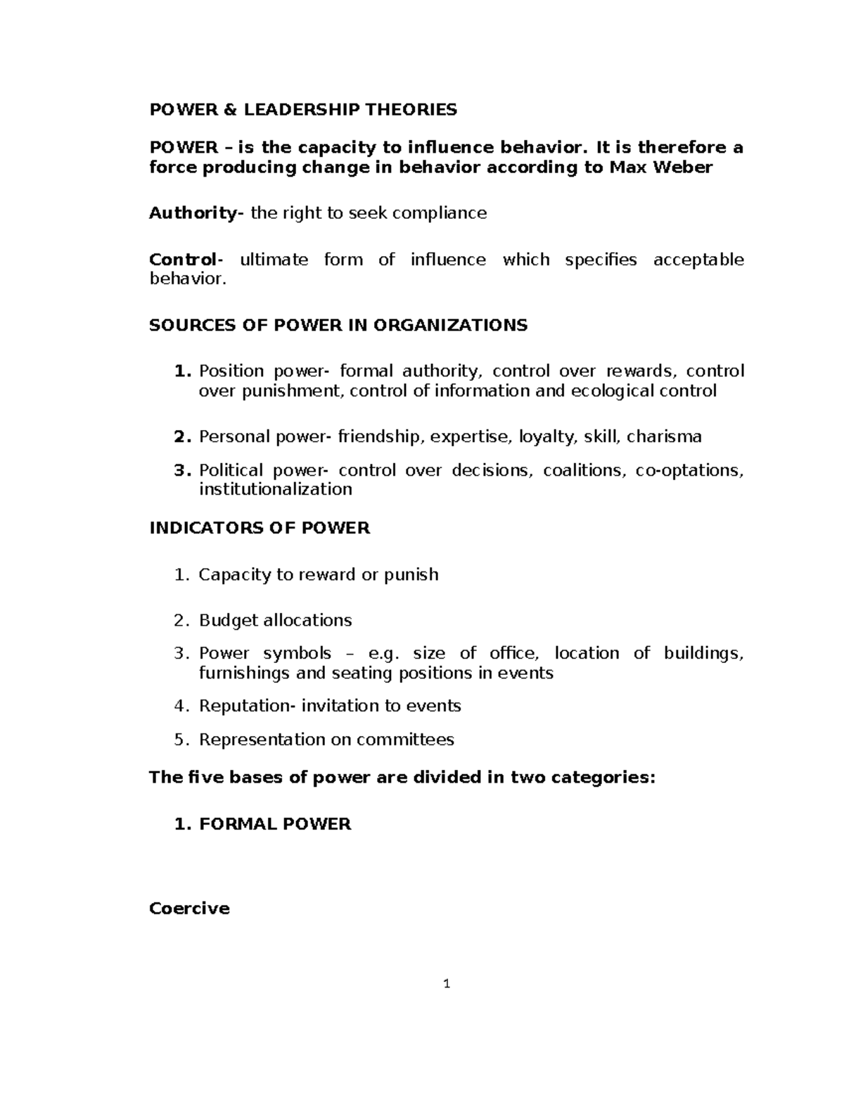 Theories of leadership and Power - POWER & LEADERSHIP THEORIES POWER ...