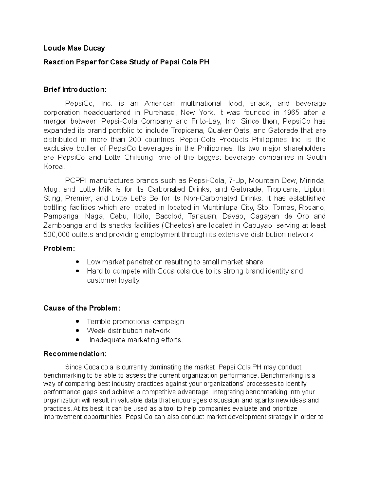 Reaction Paper for Case Study of Pepsi Cola PH - Loude Mae Ducay ...