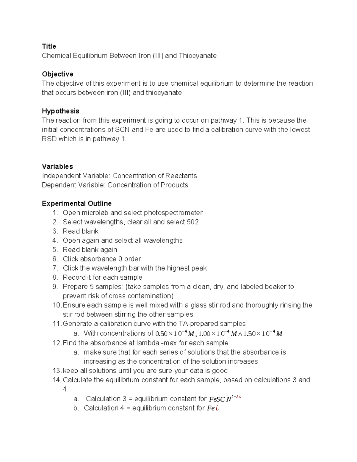 Experiment 16 Lab Report - Title Chemical Equilibrium Between Iron (III ...
