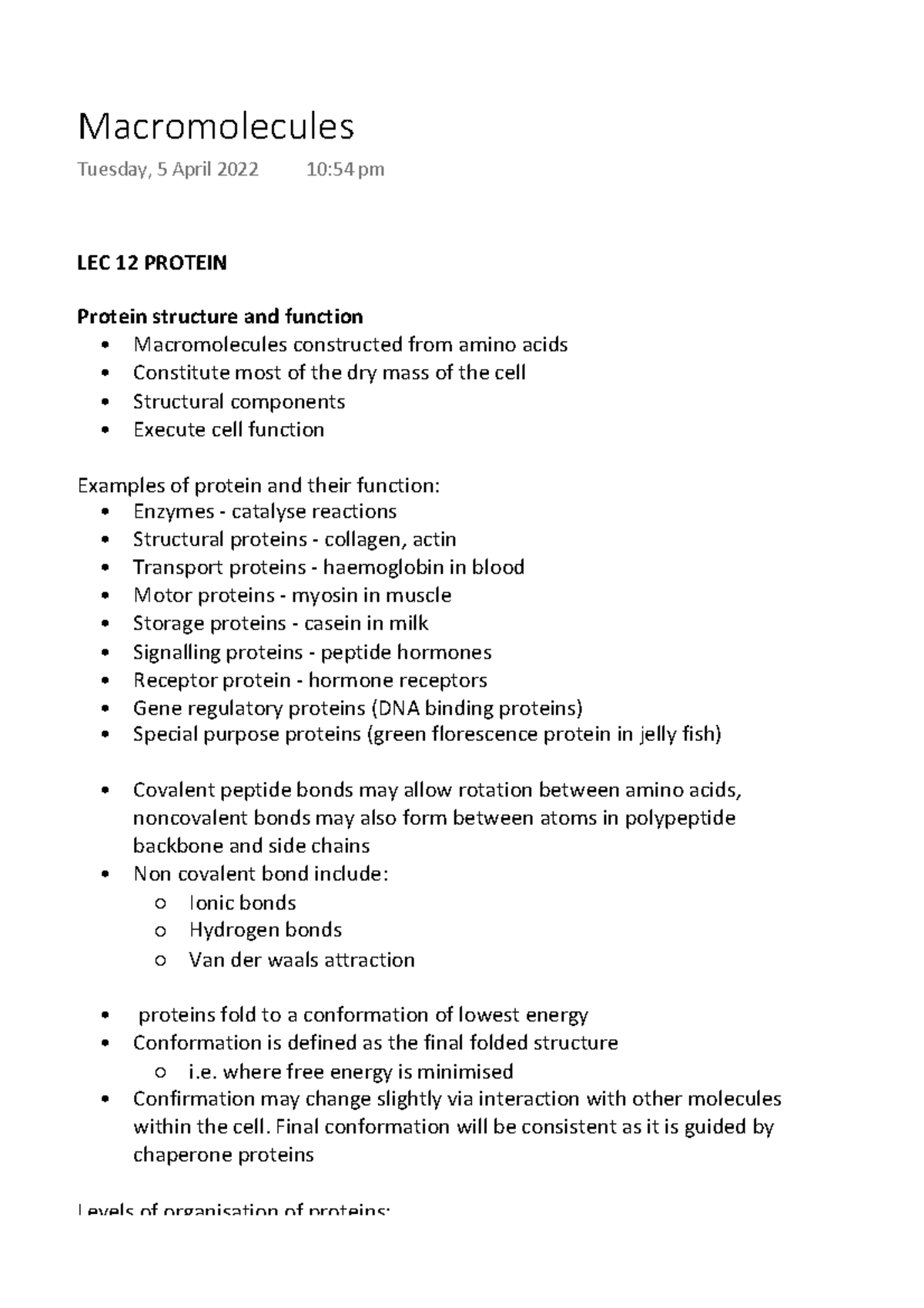 Macromolecules - lecture note - LEC 12 PROTEIN Protein structure and ...