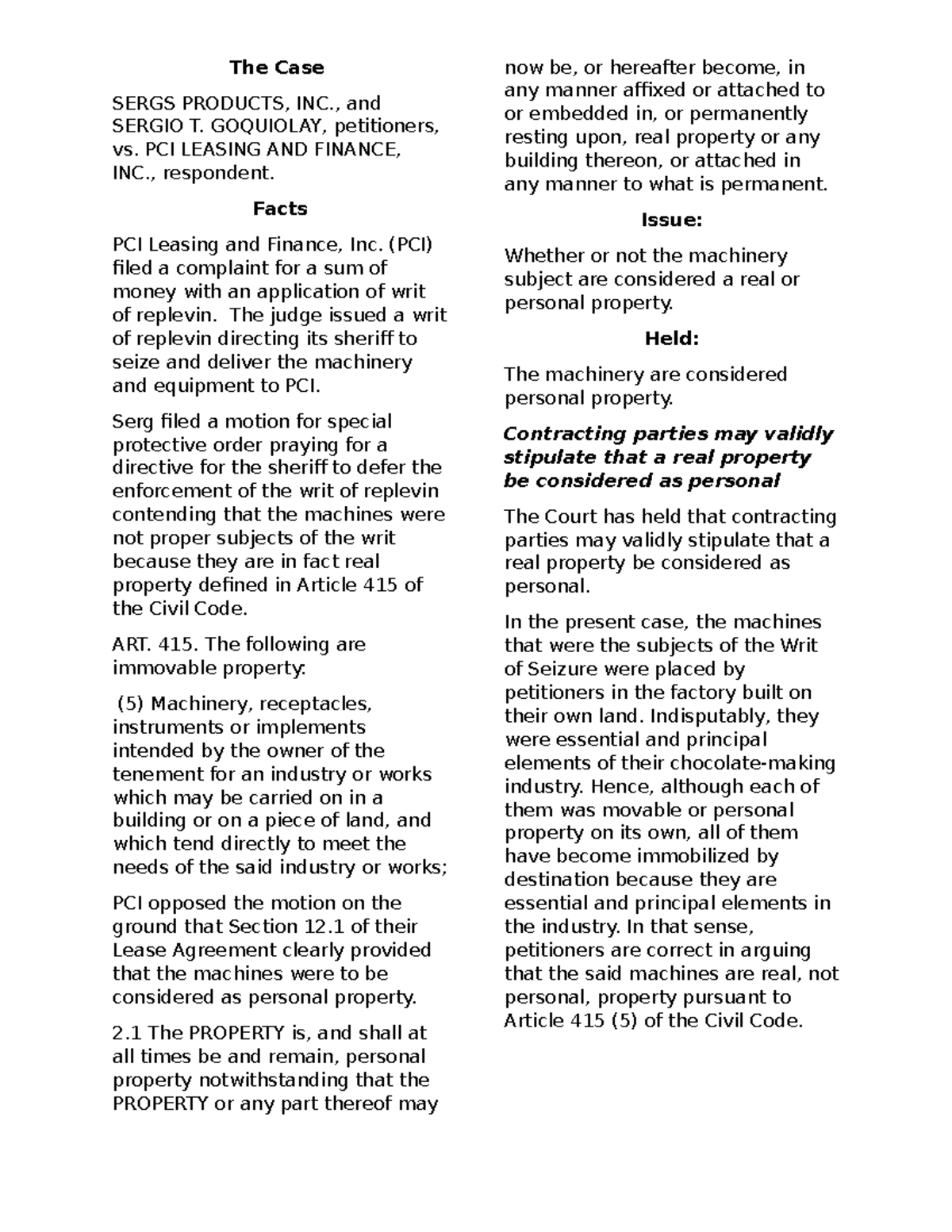 in Property Law - The Case SERGS PRODUCTS, INC., and SERGIO T ...