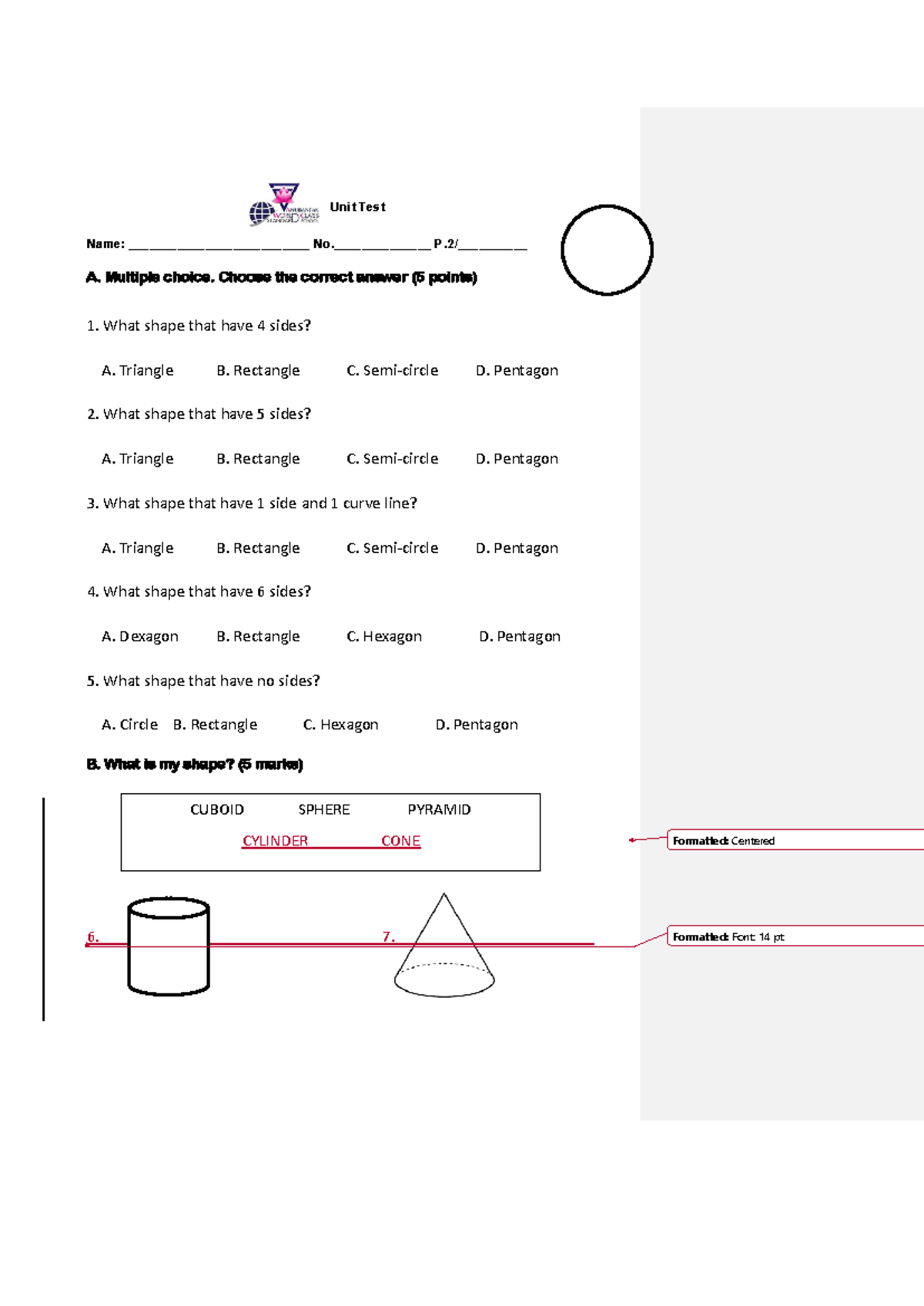 MATH UNIT TEST Shapes - mTHSD - Unit Test Name ...