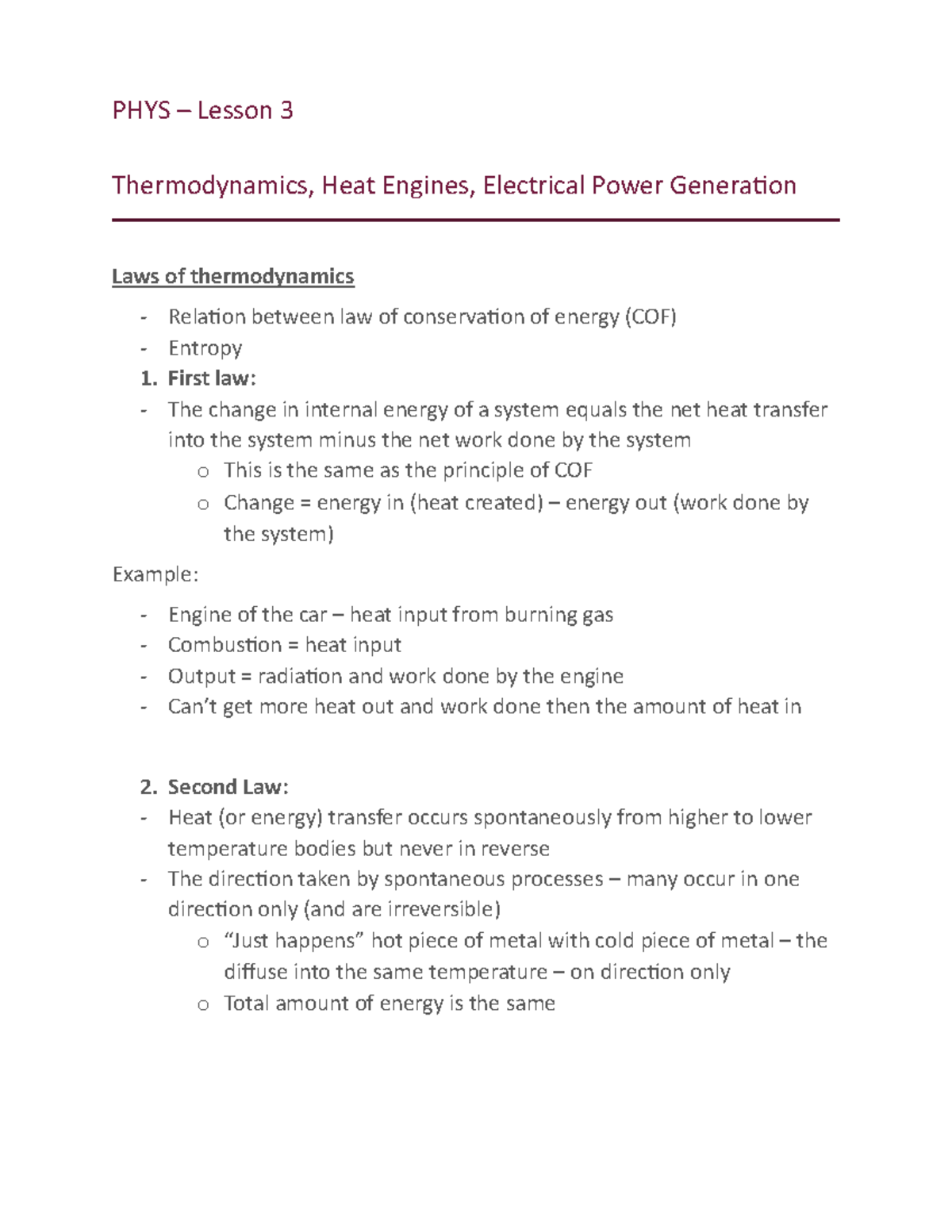 Lecture Lesson 3 - PHYS – Lesson 3 Thermodynamics, Heat Engines ...