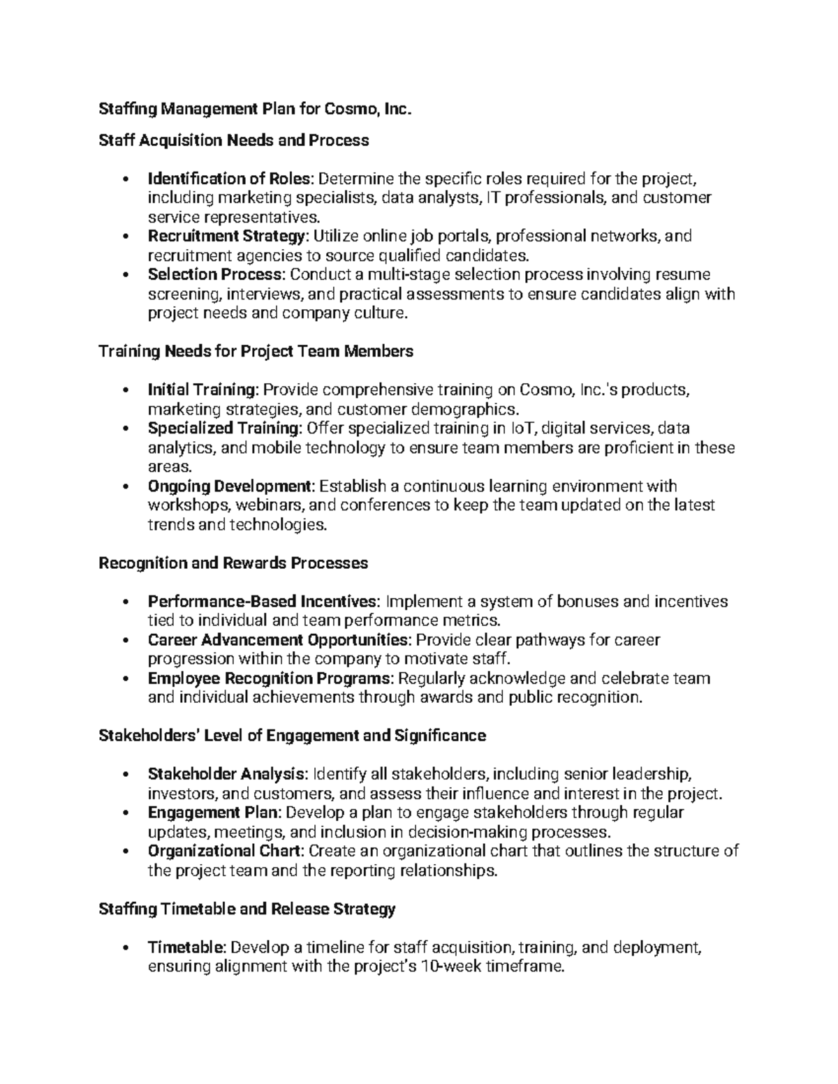 Staffing Management Plan for Cosmo - Staff Acquisition Needs and ...