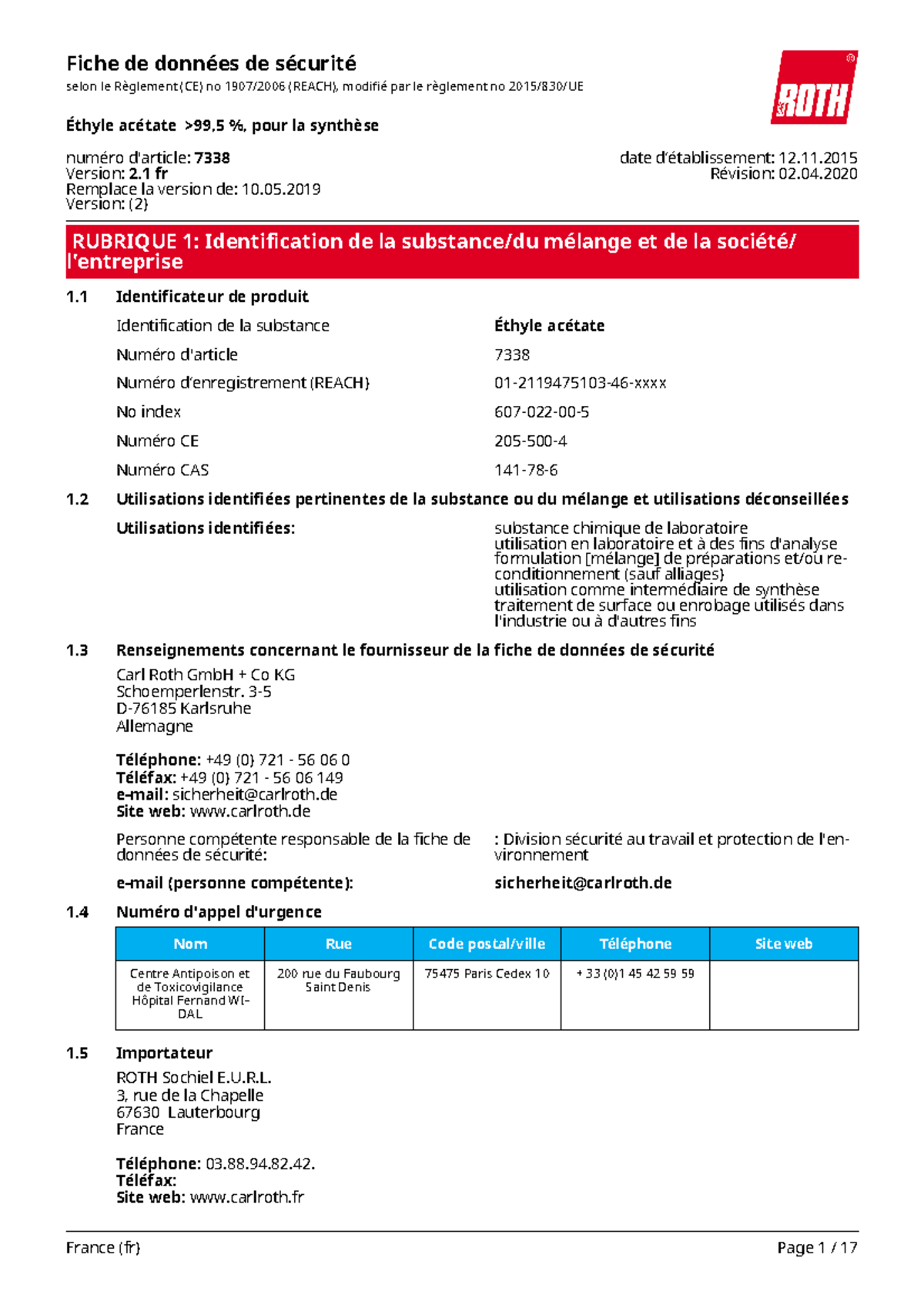FDS Éthyle acétate - This is document - RUBRIQUE 1: Identification de ...