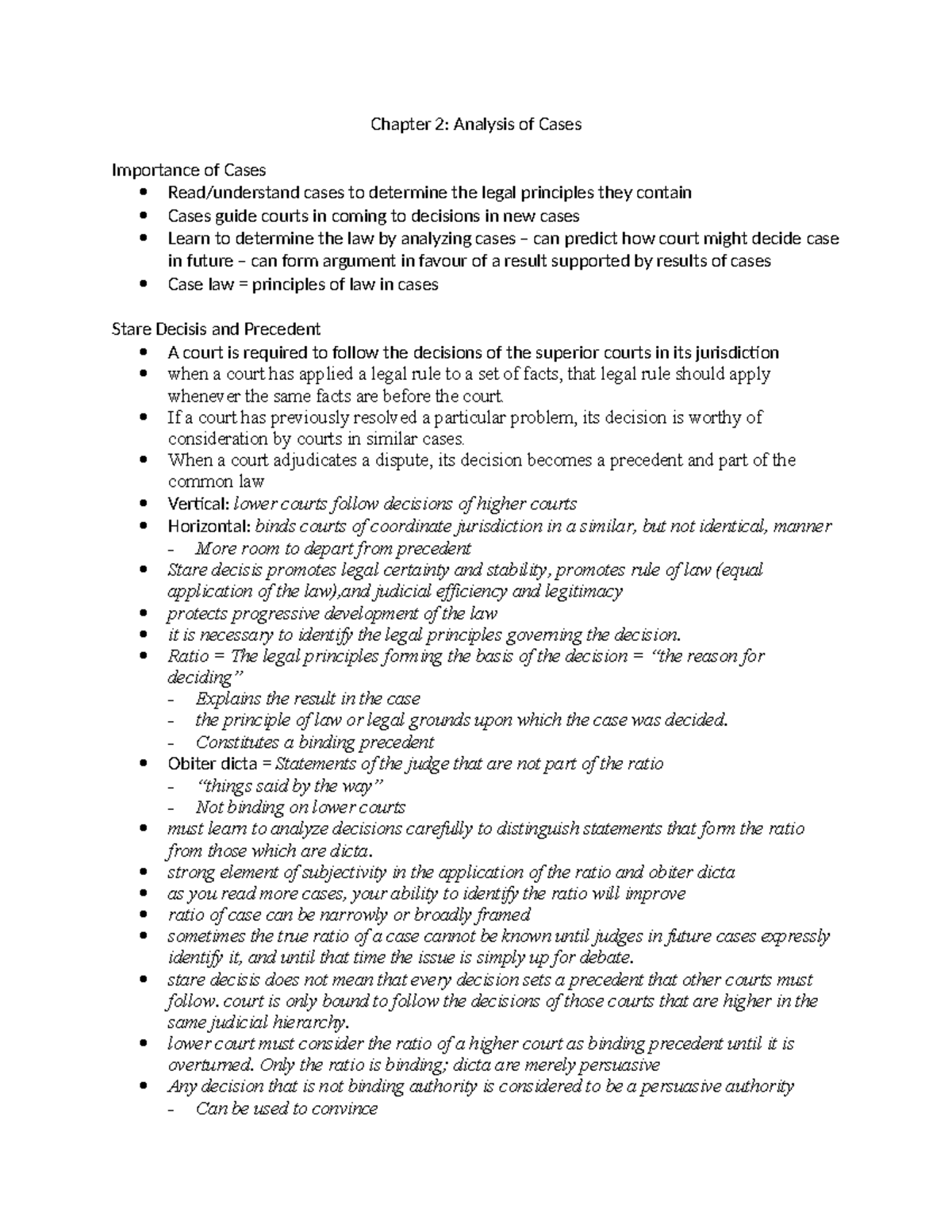 Chapter 2 Notes - Chapter 2: Analysis of Cases Importance of Cases Read ...