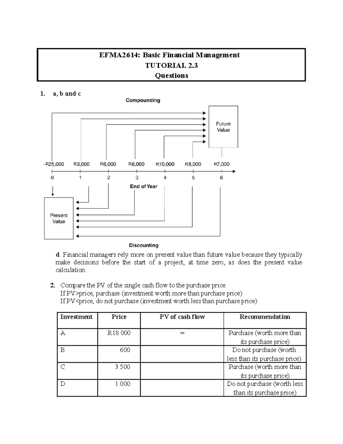Tutorial 2 - EFMA2614: Basic Financial Management TUTORIAL 2. Questions ...