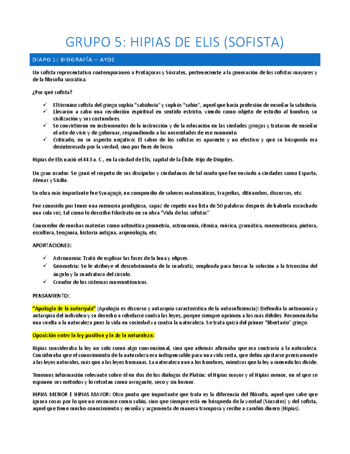Hipias de Elis (Sofista) Resumen - GRUPO 5: HIPIAS DE ELIS (SOFISTA) D ...