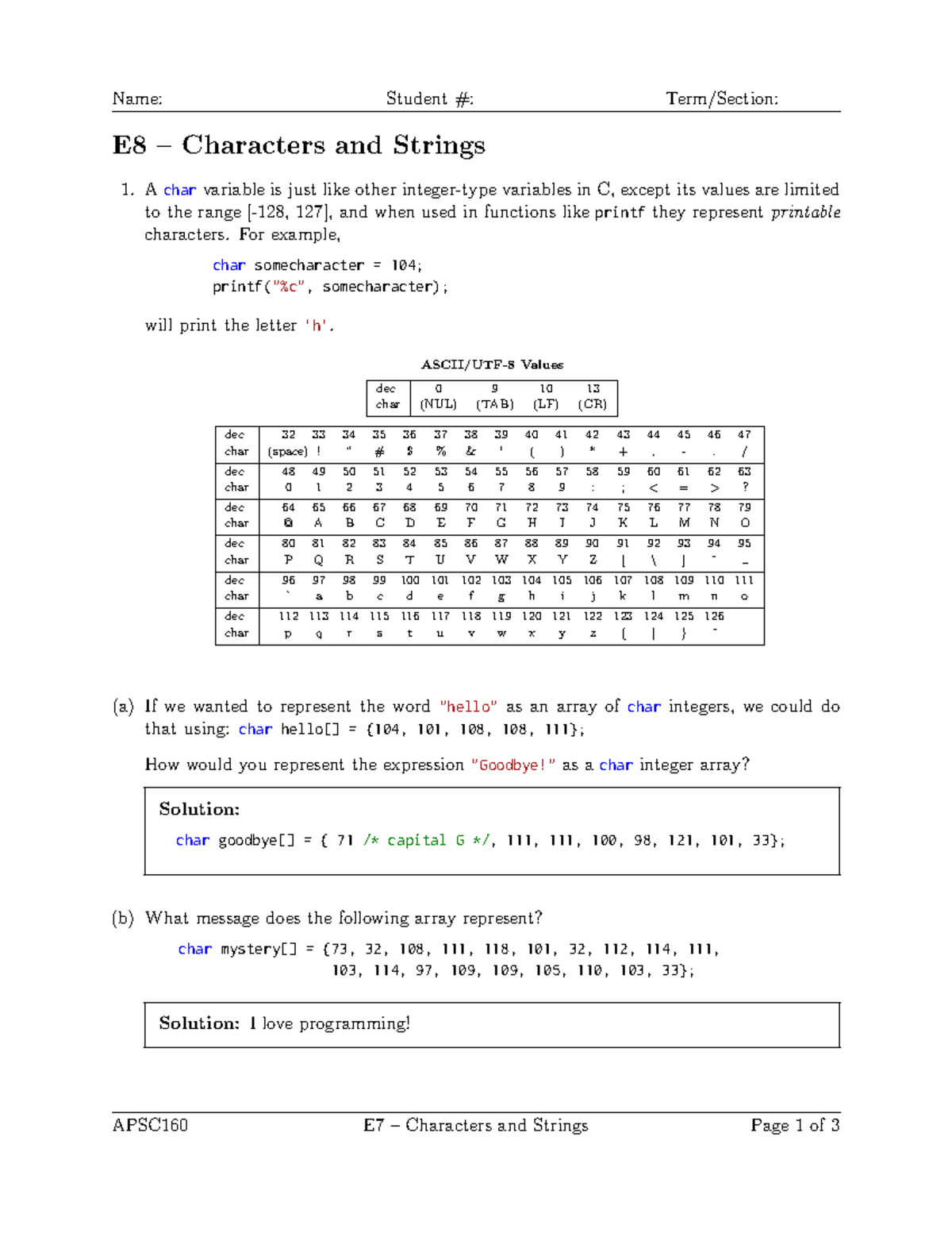 E8 solution - Name: Student #: Term/Section: E8 – Characters and ...