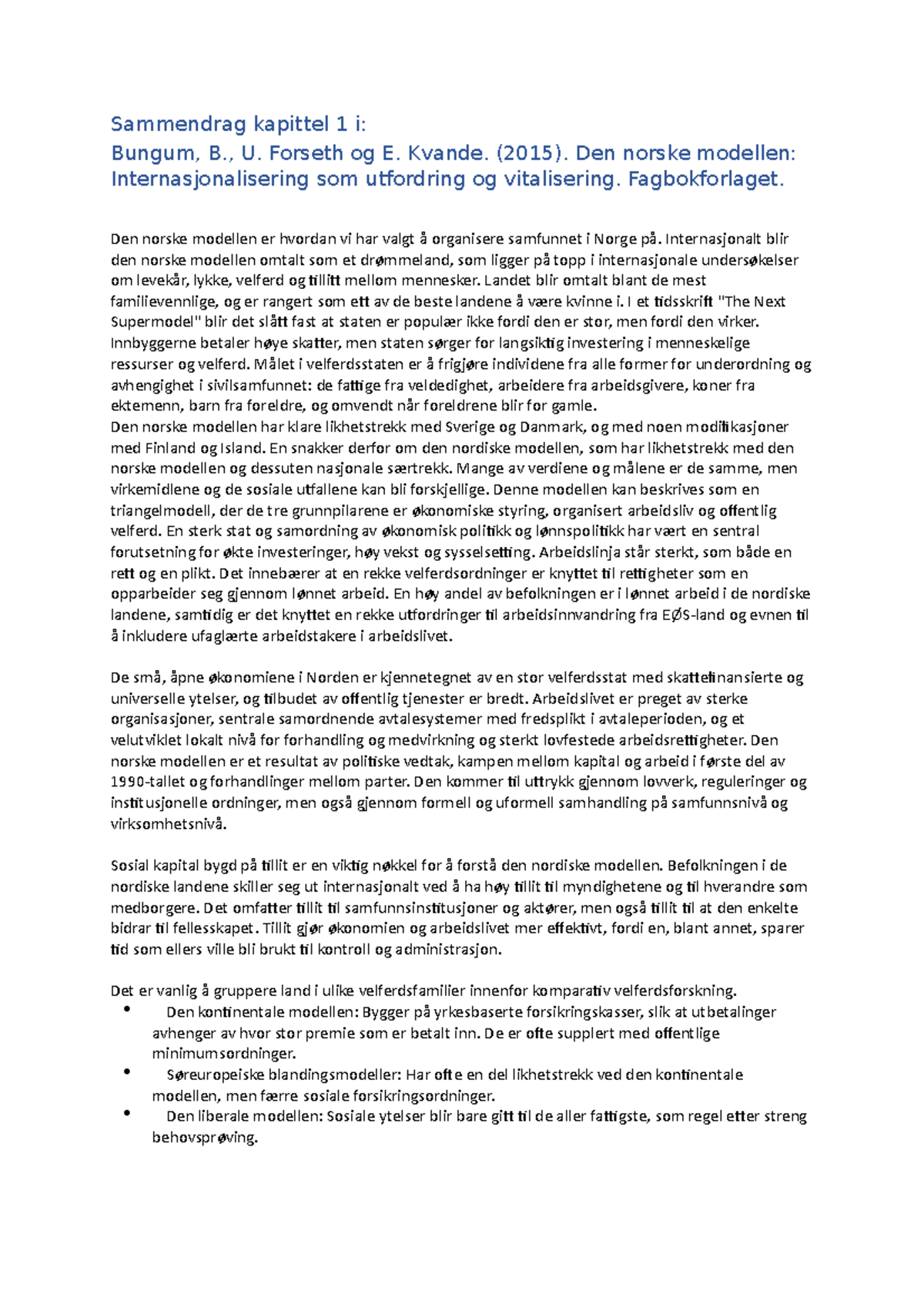 Sammendrag kapittel 1 i Den norske modellen - Sammendrag kapittel 1 i ...