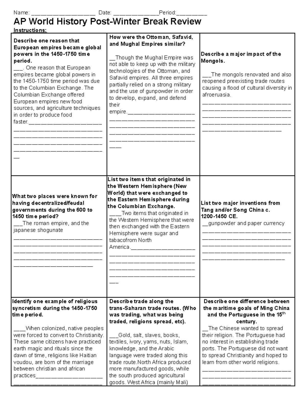 AP World Post-Winter Break Scavenger Hunt - Name ...