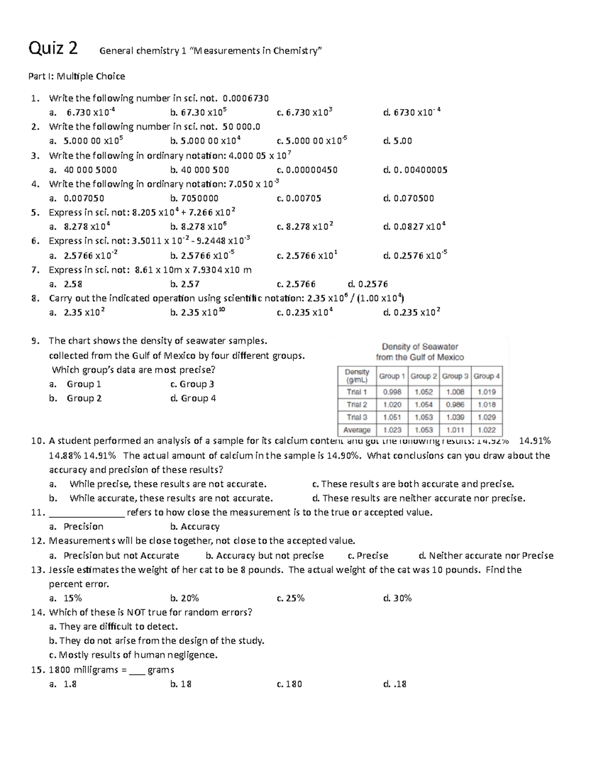 Quiz 2 Questionaire - Quiz 2 General chemistry 1 “Measurements in ...