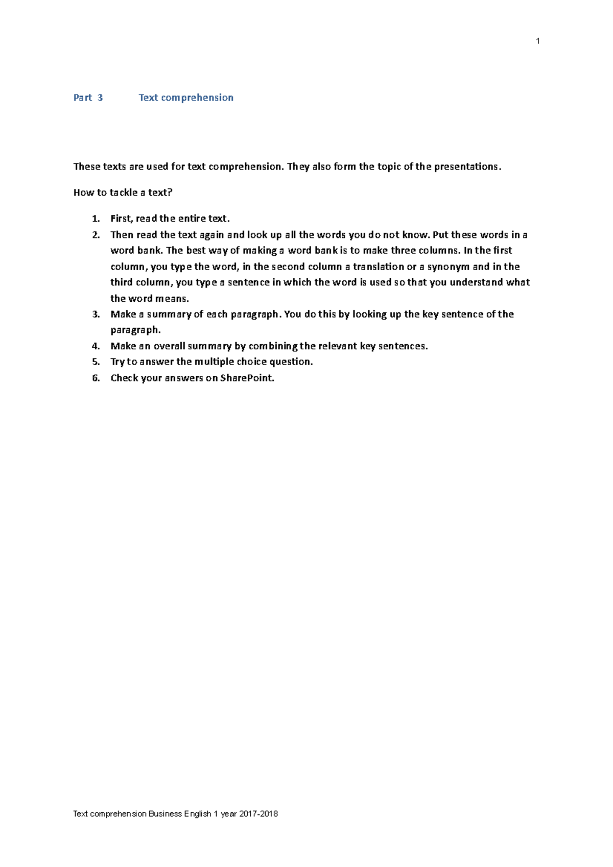 Part 3 text comprehension 17-18 - 1 Part 3 Text comprehension These ...