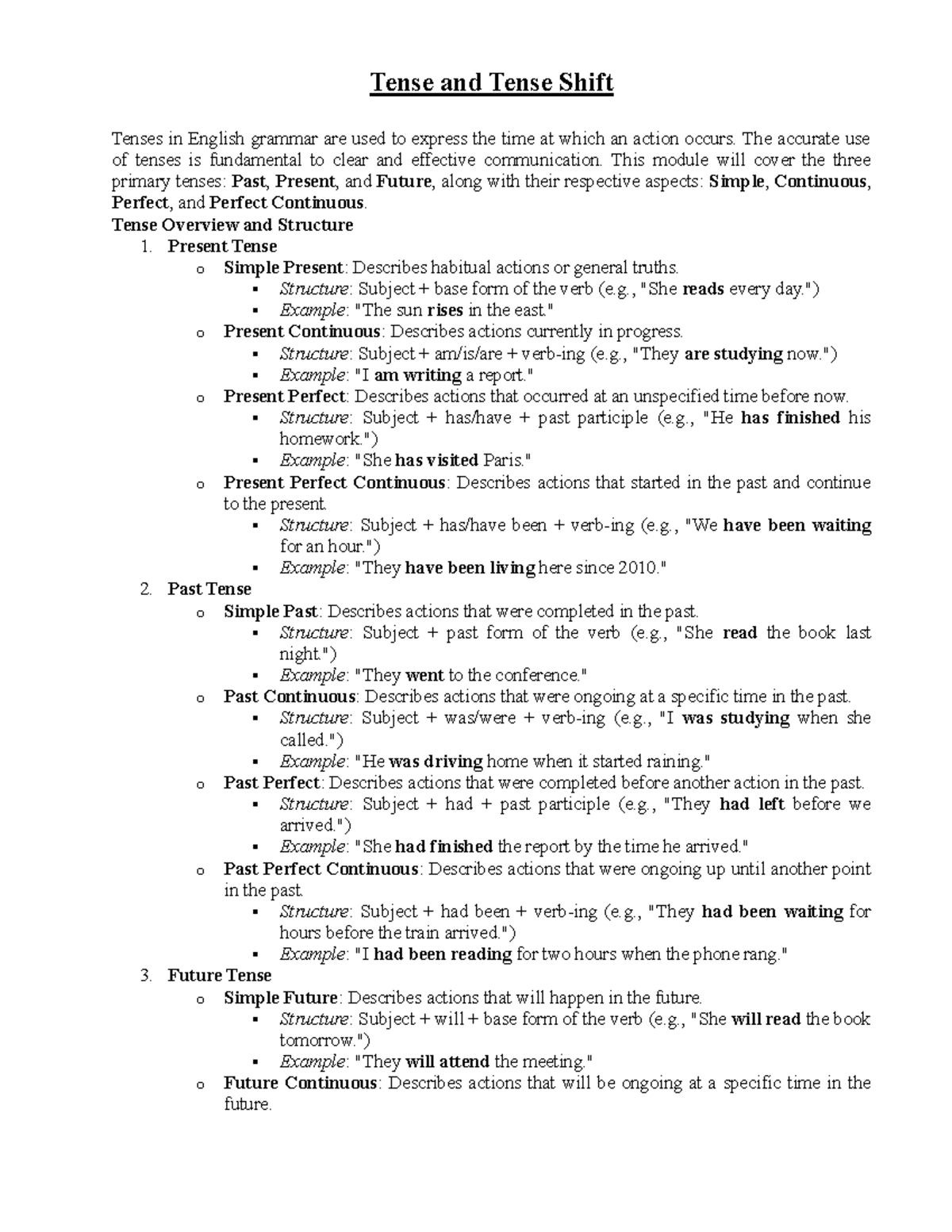 EFR Materials Tenses - Tense and Tense Shift Tenses in English grammar ...