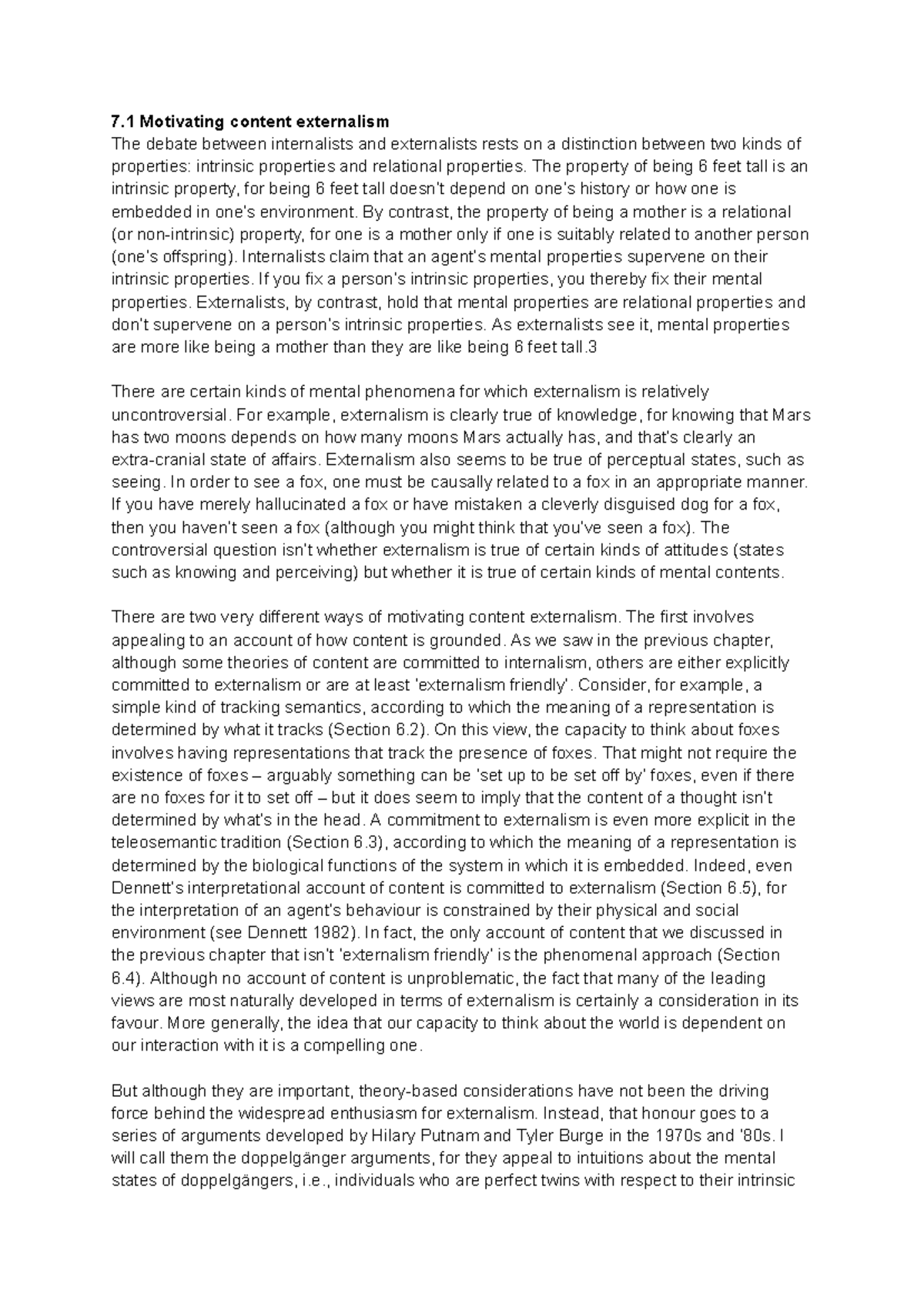 Textbook Notes - 7 Motivating content externalism The debate between ...