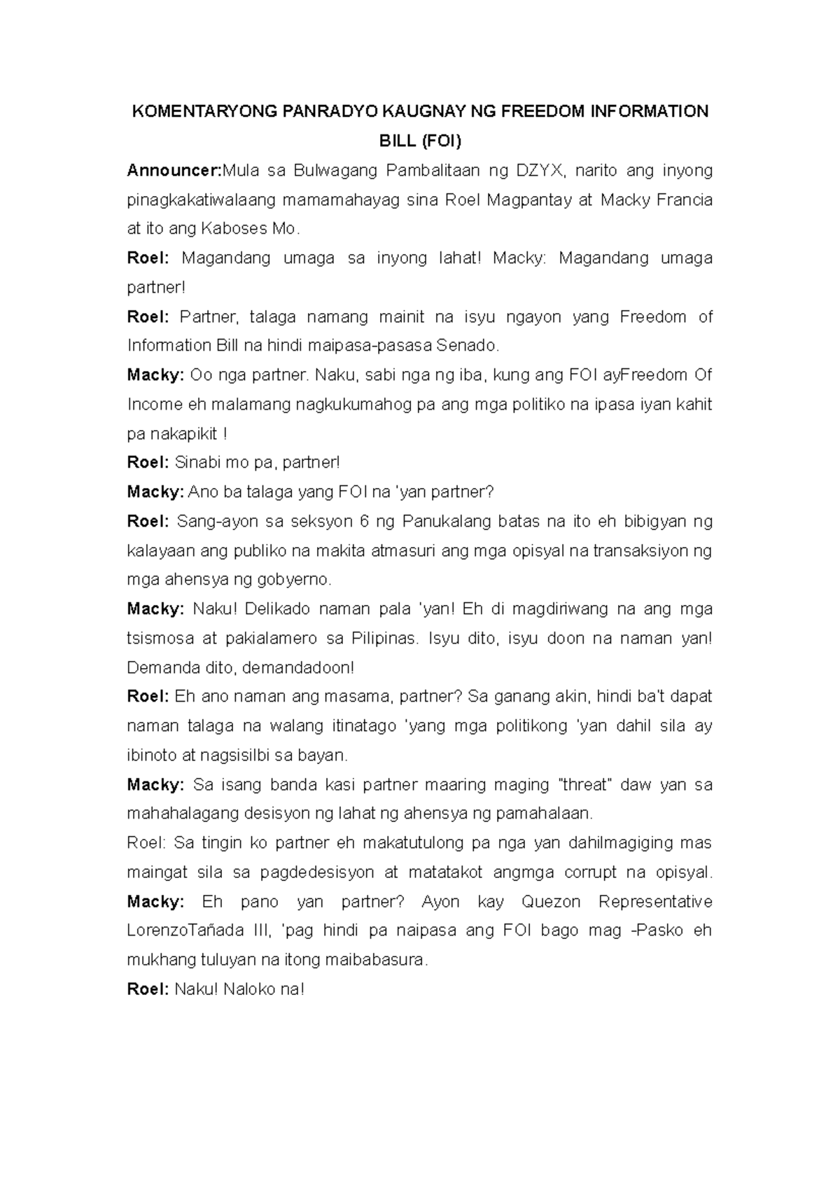 Komentaryong Panradyo Kaugnay NG Freedom Informati - KOMENTARYONG ...