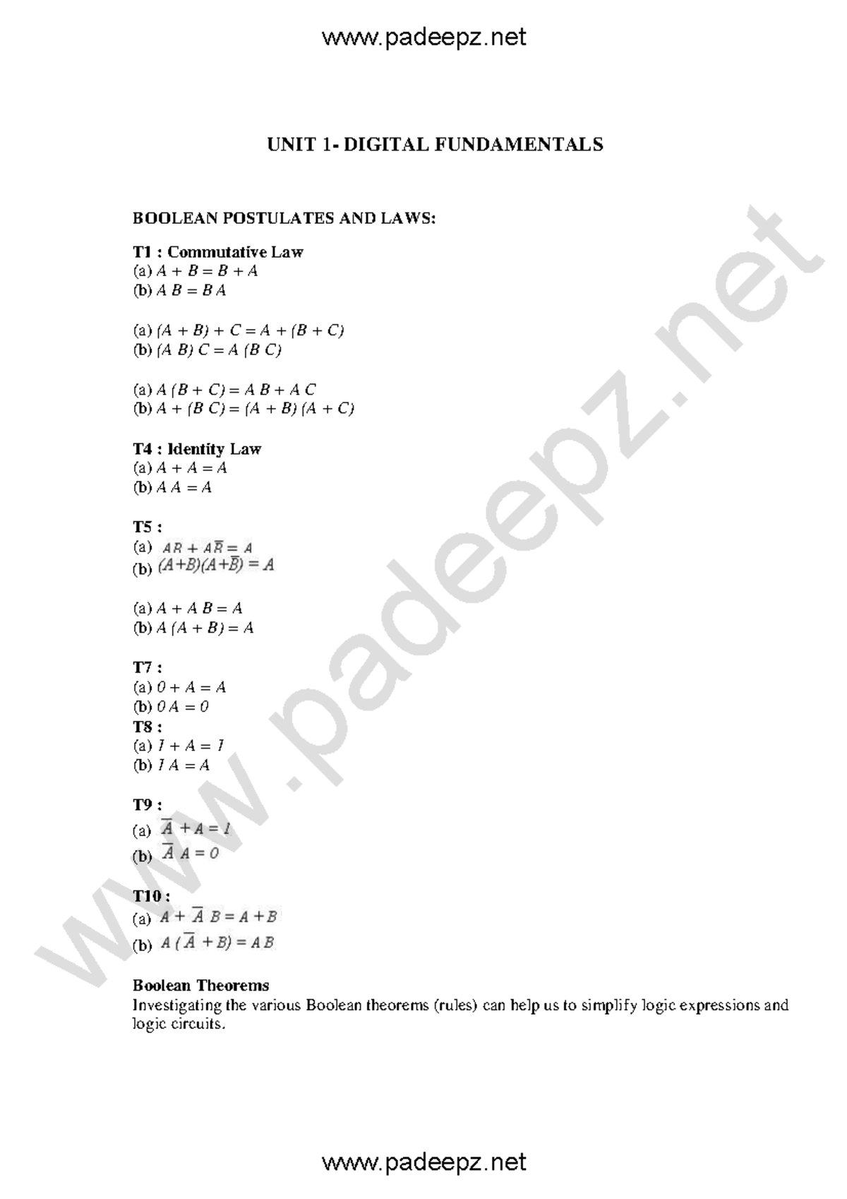 EC8392 DE Notes - BOOLEAN POSTULATES AND LAWS: T1 : Commutative Law (a ...