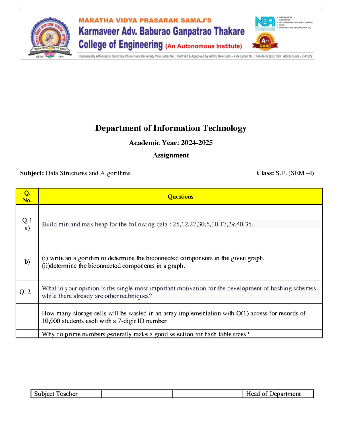 DSA Assignment 24 25 - 000 - Department of Information Technology Academic Year: 2024- 2025 ...