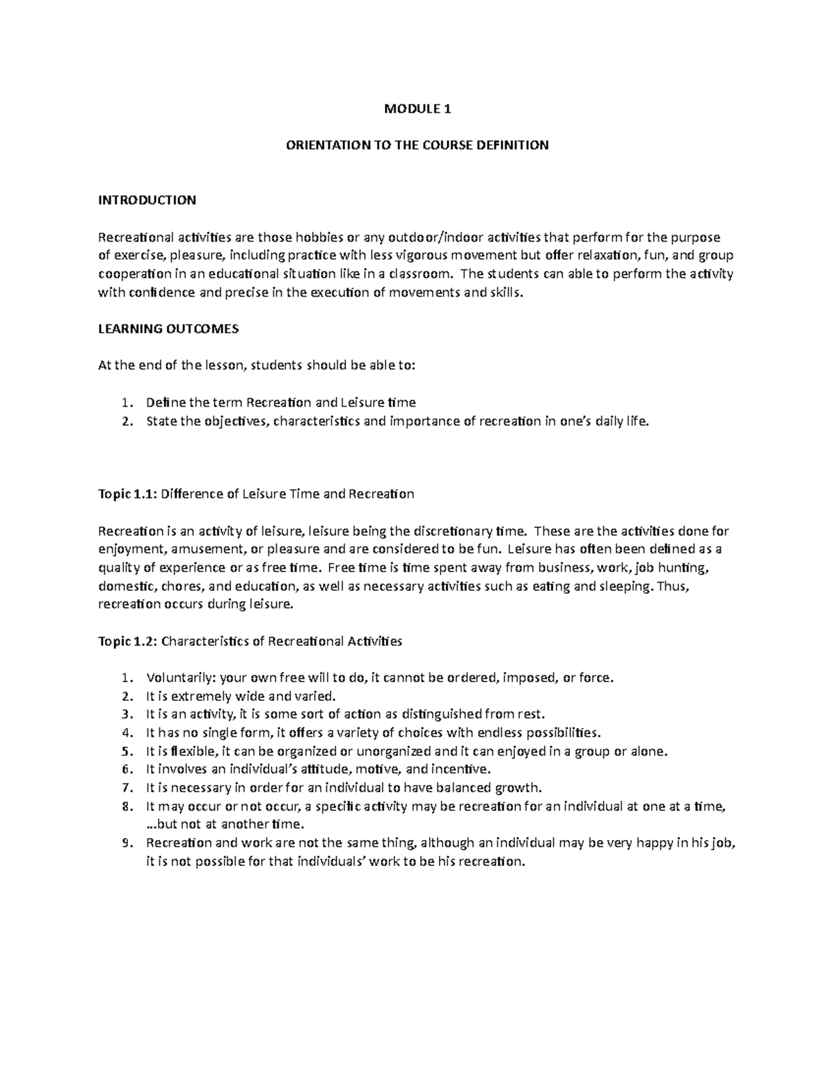 Module 1 recreational - practice - MODULE 1 ORIENTATION TO THE COURSE ...