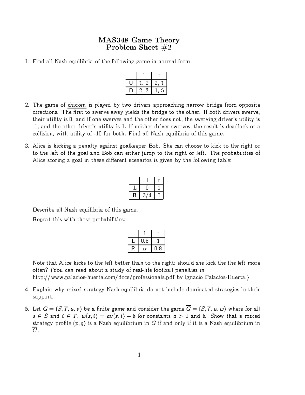 MAS 348 Game Theory Problem Sheet 2 - MAS348 Game Theory Problem Sheet ...