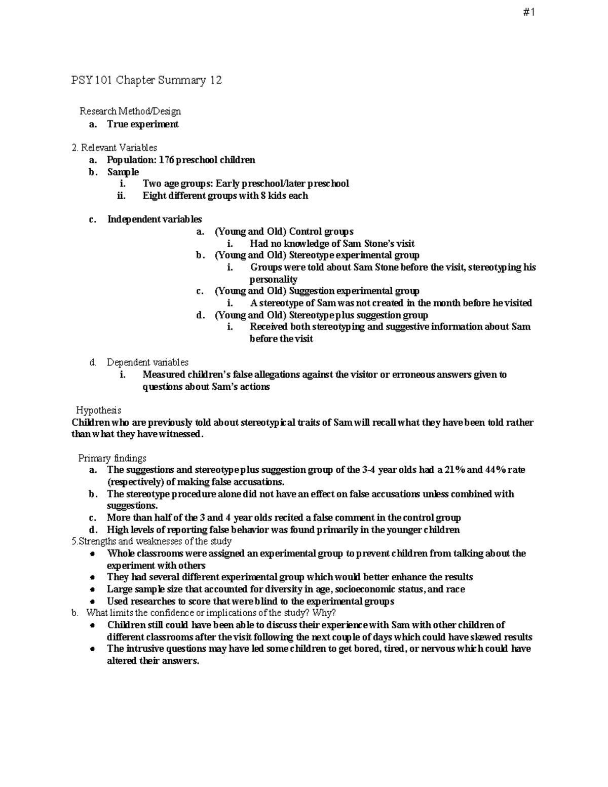 PSY 101 chapter summary 12+13 - Introduction to Psychology - PSY101 Chapter Summary 12 Research ...