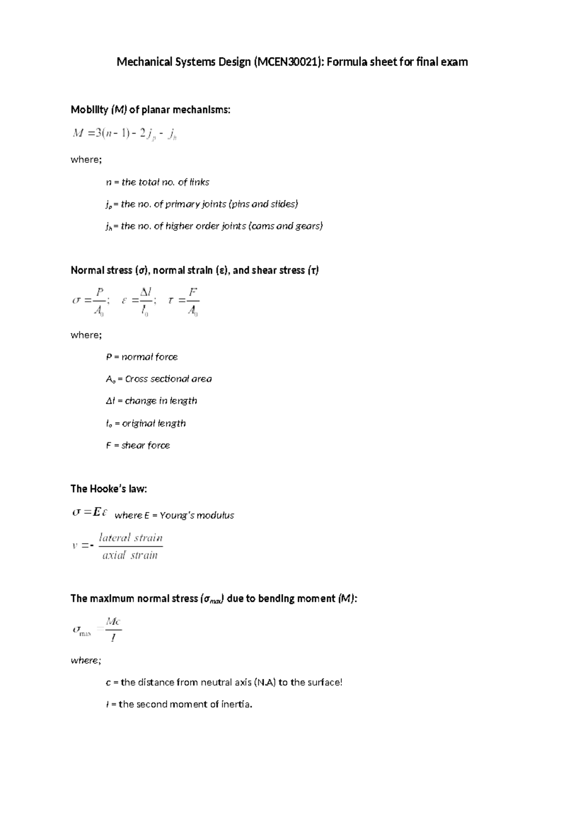 MCEN30021 2023 SM2 Formula sheet - Mechanical Systems Design (MCEN30021 ...