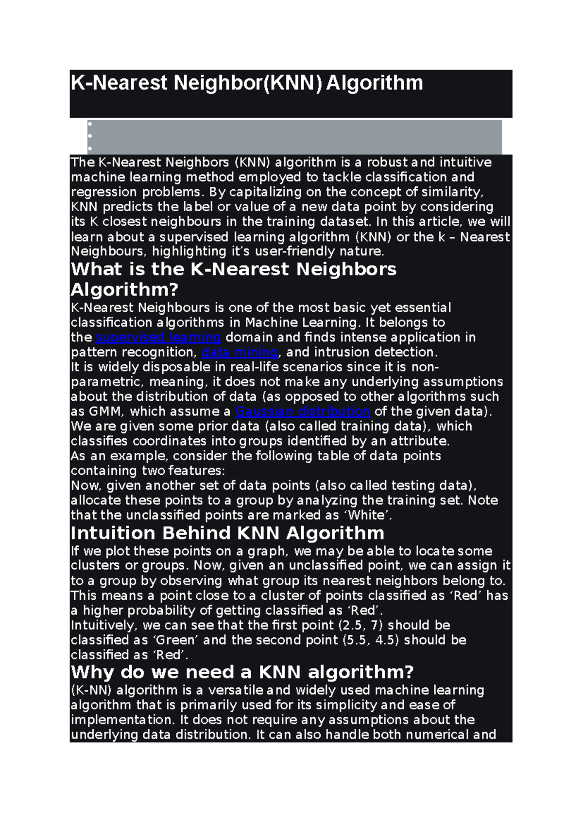 ML - Summary MSc(computer Science) - K-Nearest Neighbor(KNN) Algorithm ...
