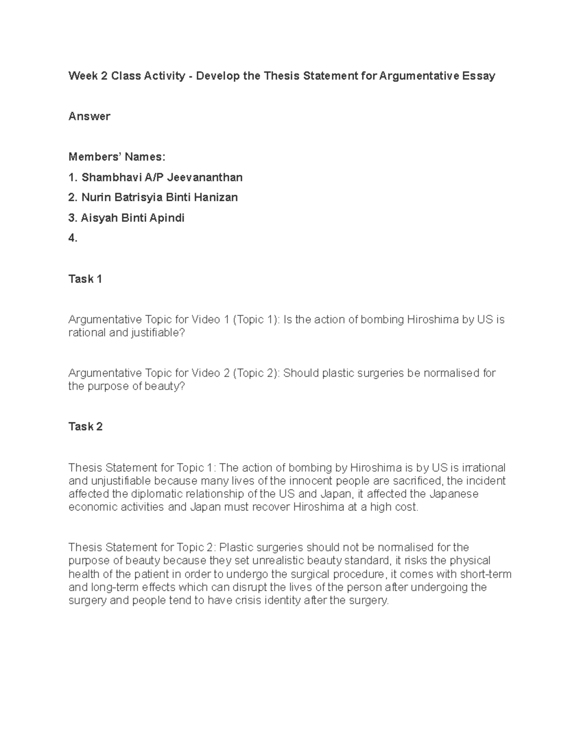 W2 Class Activity Writing Thesis Statement Template 2030 - Week 2 Class ...