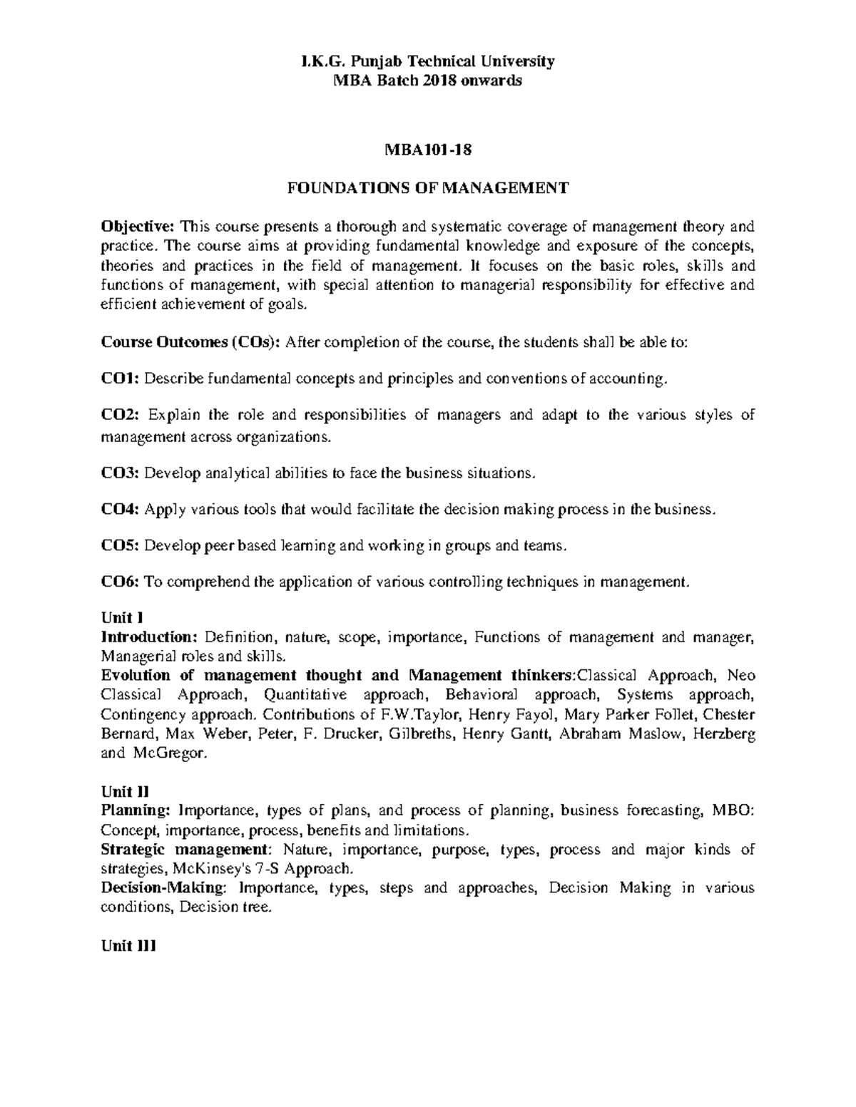 1st Sem Syllabus - good - MBA Batch 2018 onwards MBA101- 18 FOUNDATIONS ...