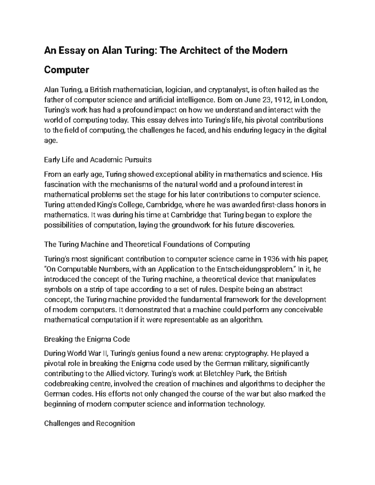 Science essay 3 - An Essay on Alan Turing: The Architect of the Modern ...