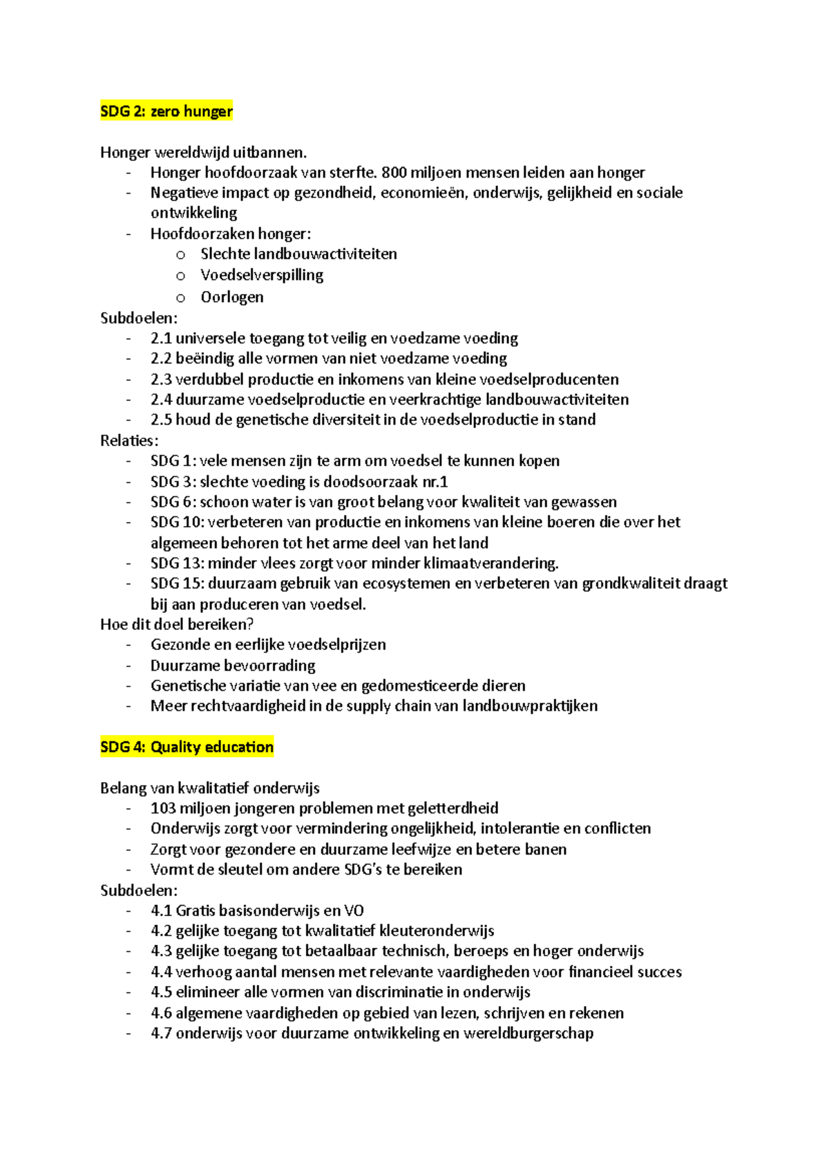 SDG 2 - samenvatting - SDG 2: zero hunger Honger wereldwijd uitbannen ...