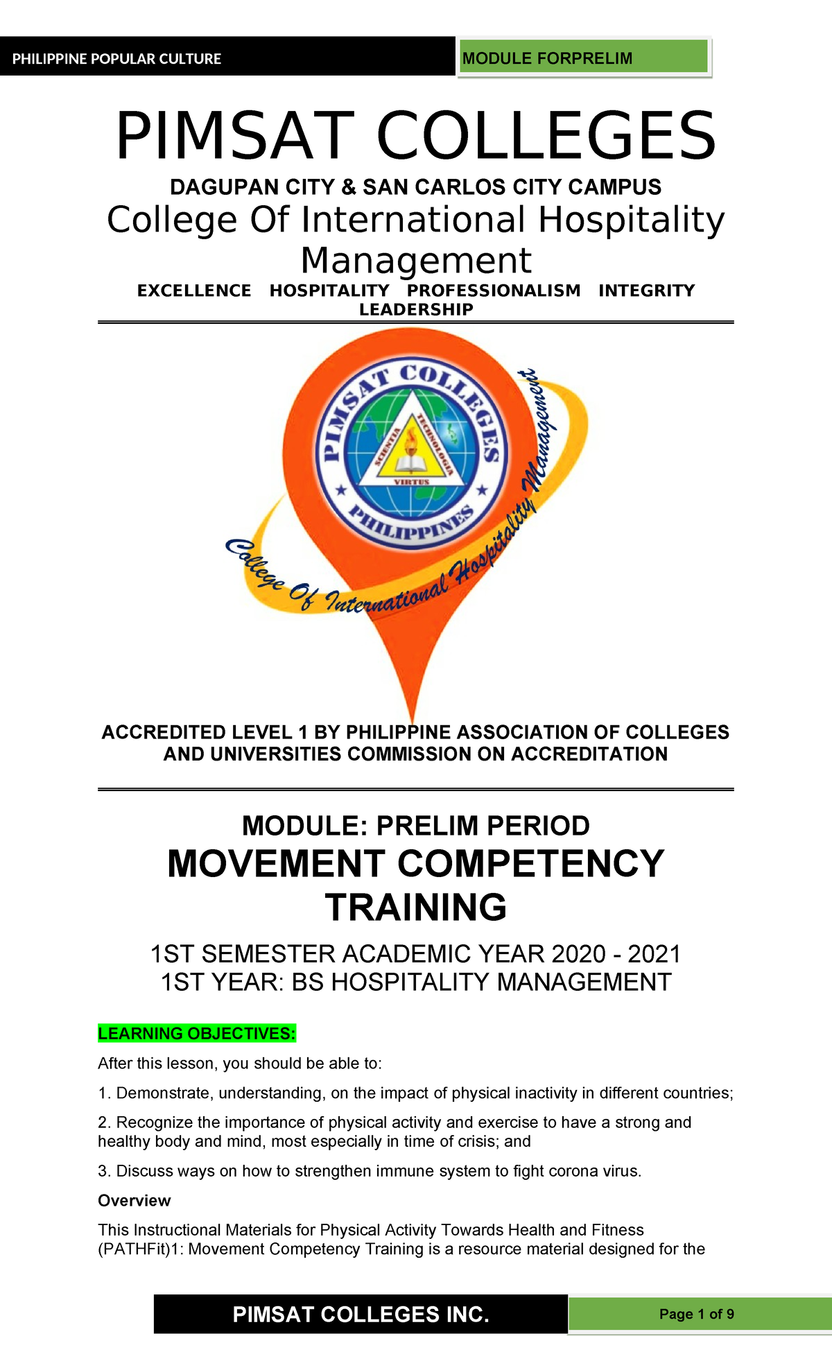 Movement Competency Training - PIMSAT COLLEGES DAGUPAN CITY & SAN ...