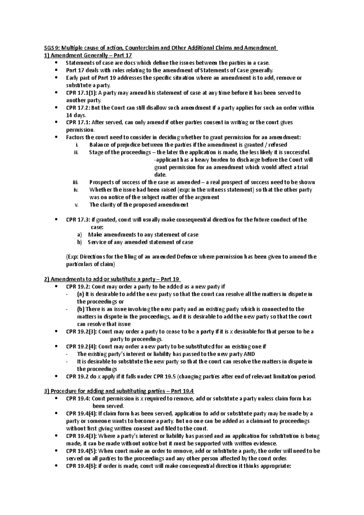 Notes - Multiple cause of action + counterclaim + amendment of ...