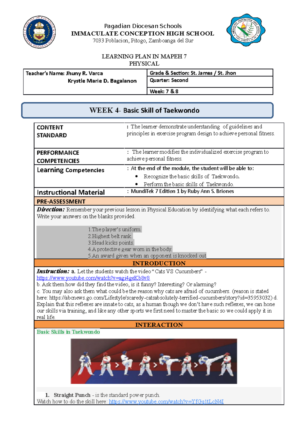 P.E -7 (W4) Mapeh - module - Teacher’s Name: Jhuny R. Varca Krystle Marie D. Bagalanon Grade ...