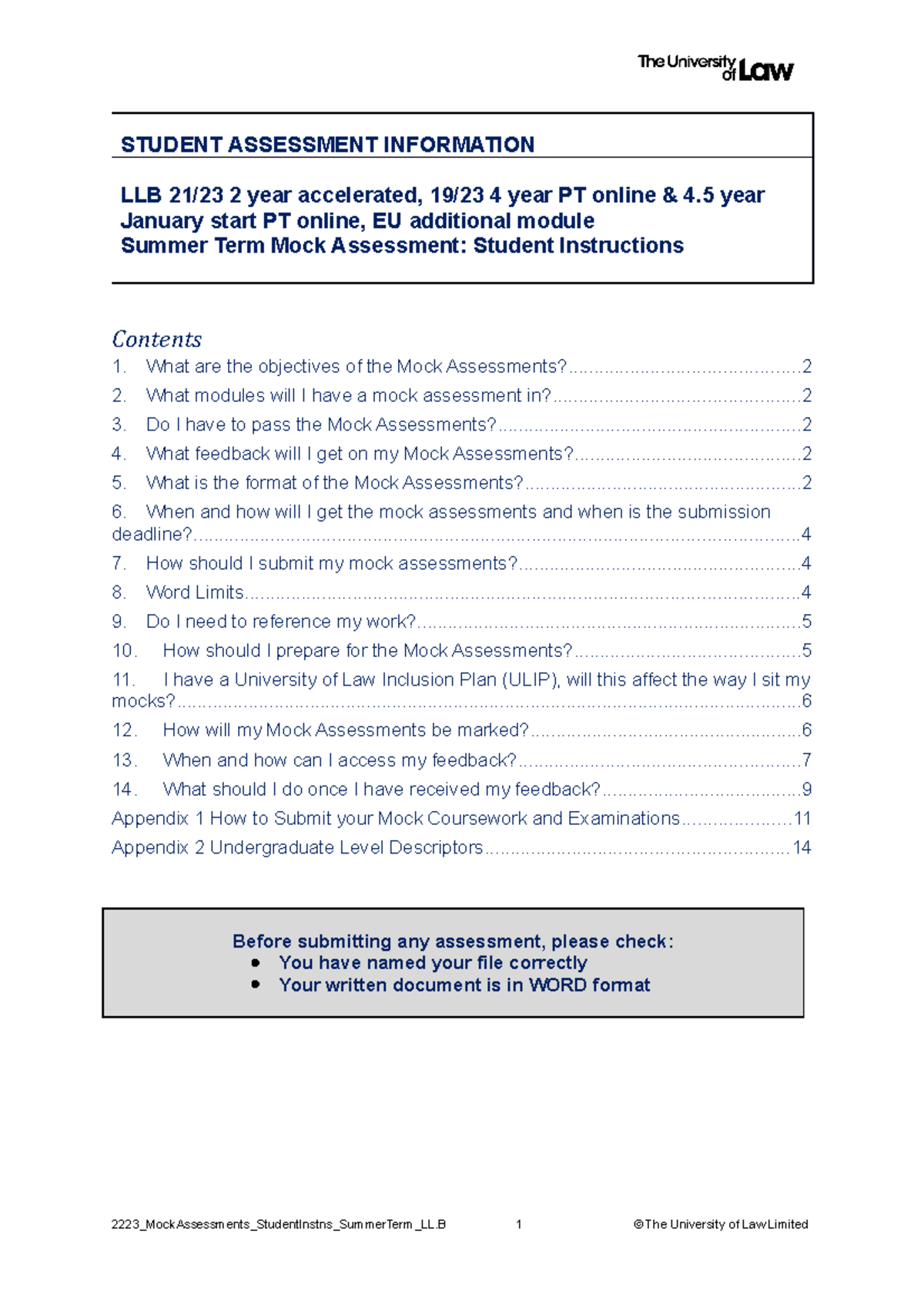 2223 Mock Assessments Student Instrns Summer LLB - STUDENT ASSESSMENT ...