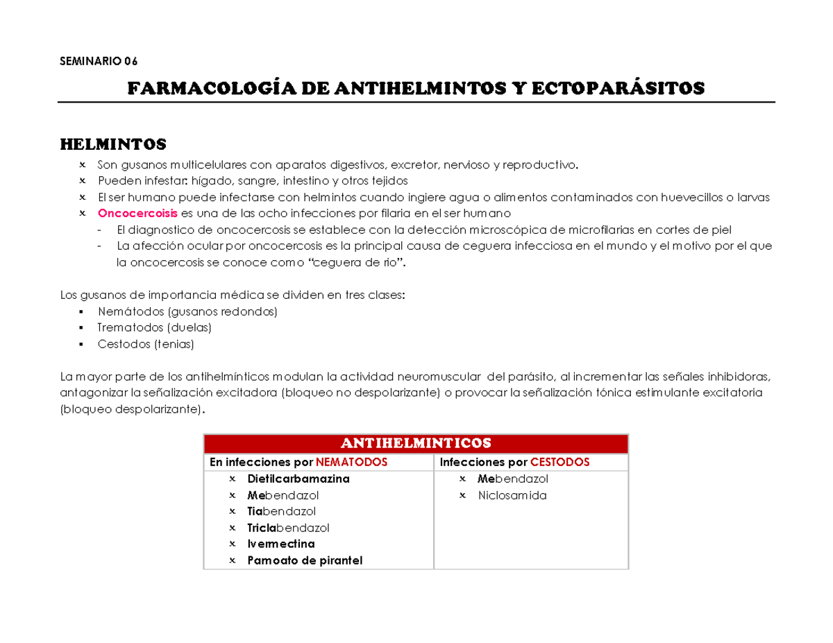 Fármacos antihelminticos - SEMINARIO 06 FARMACOLOGÍA DE ANTIHELMINTOS Y ...