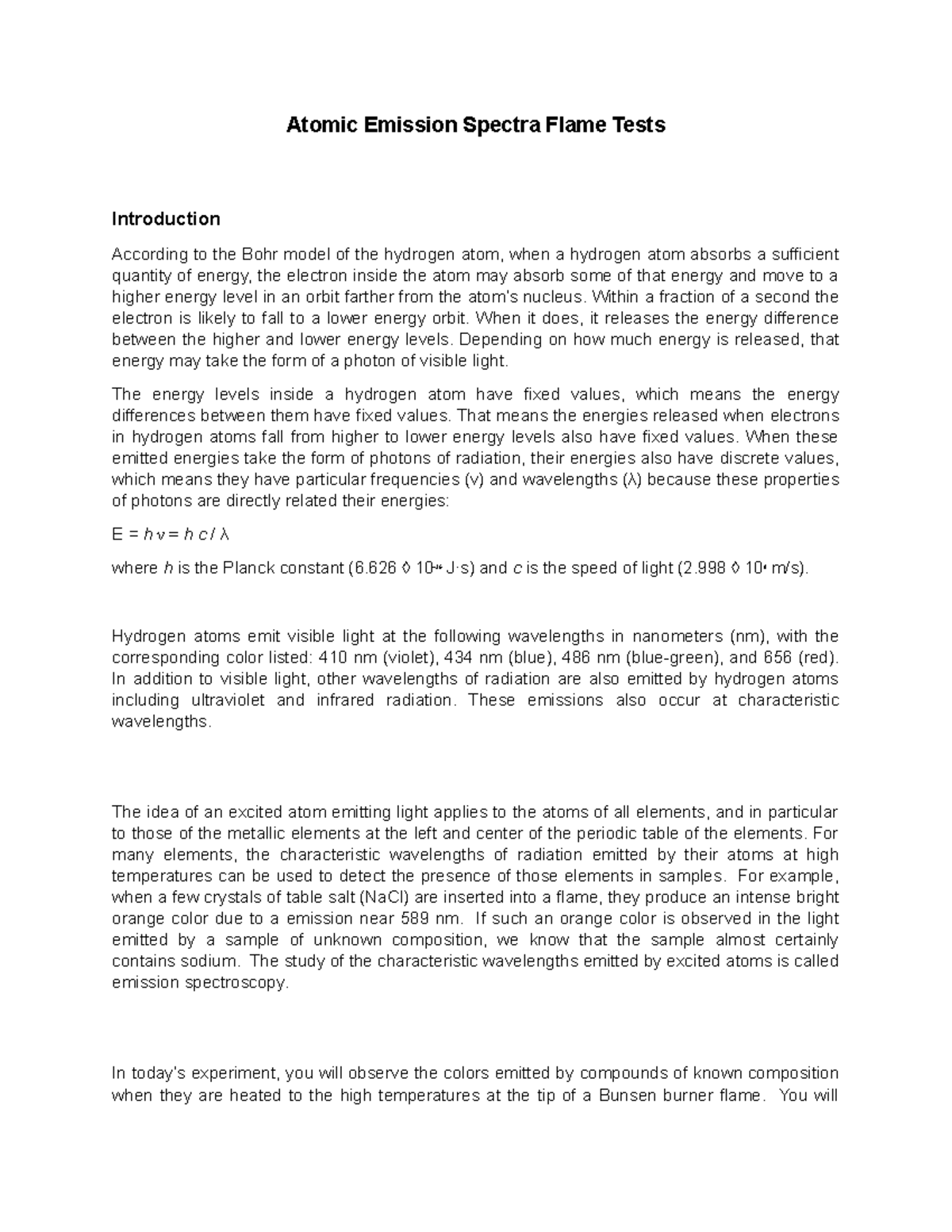 F - lab - Atomic Emission Spectra Flame Tests Introduction According to ...