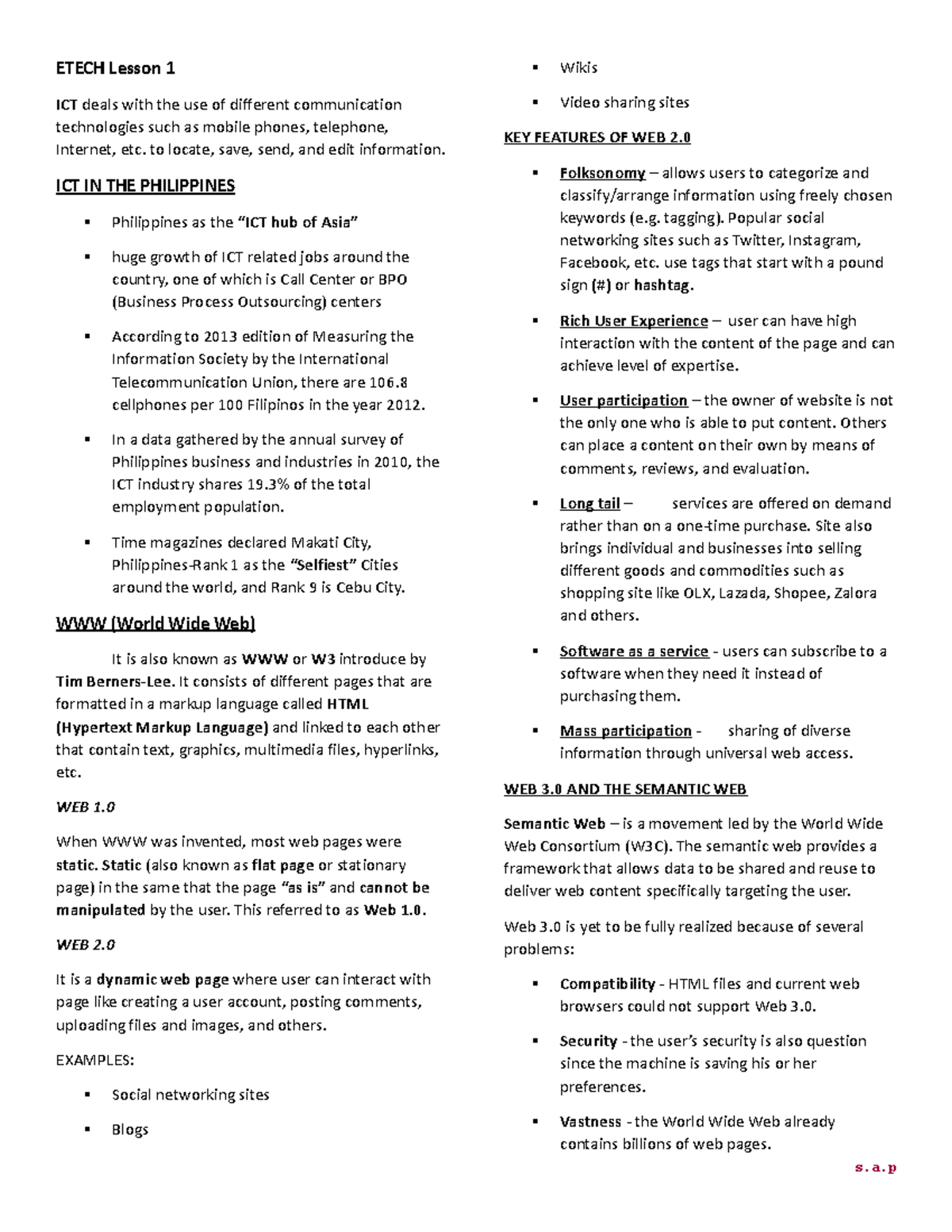 Etech Lesson 1 2 3 4 5 - ETECH Lesson 1 ICT deals with the use of different communication - Studocu