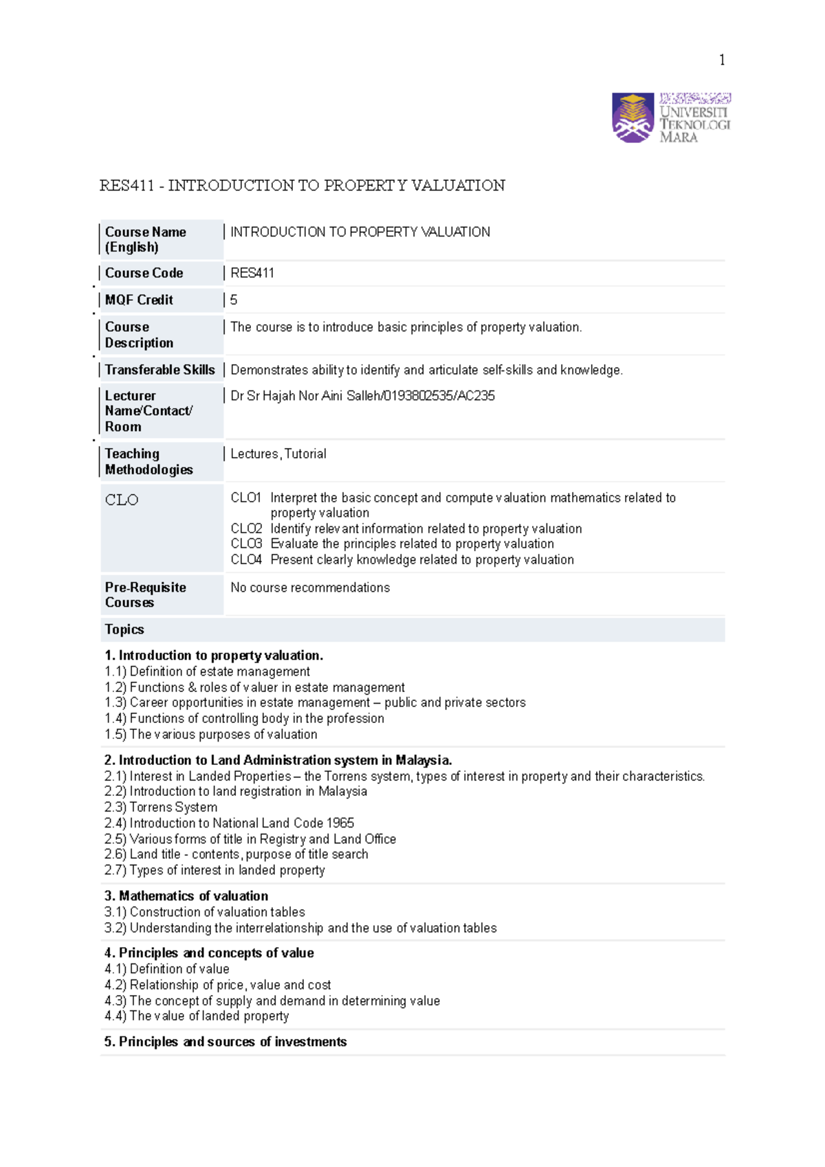 Lecture plan RES411 sept 2018 - RES411 - INTRODUCTION TO PROPERTY ...