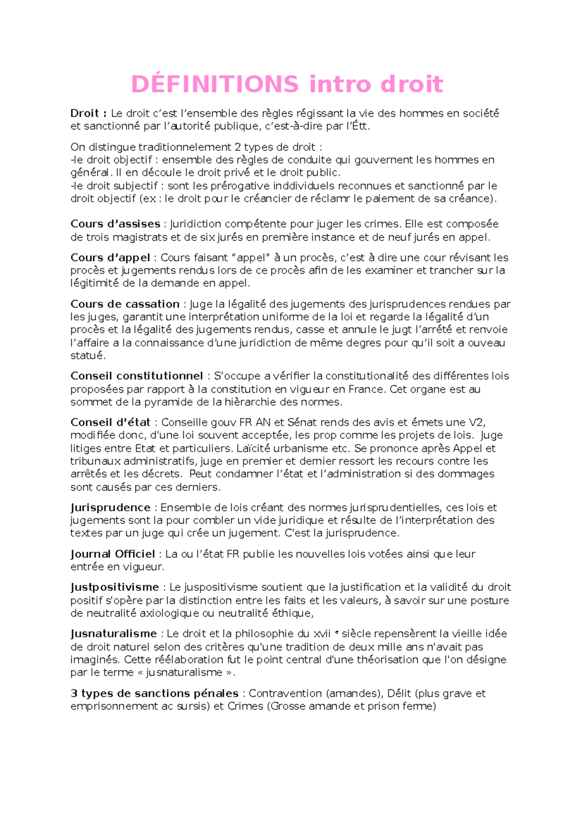 Définitions intro- liste de mots clés - DÉFINITIONS intro droit Droit ...