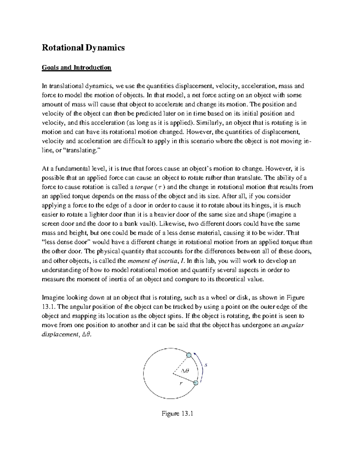 Rotational Dynamics - Lab Report - Rotational Dynamics Goals and Introduction In translational ...