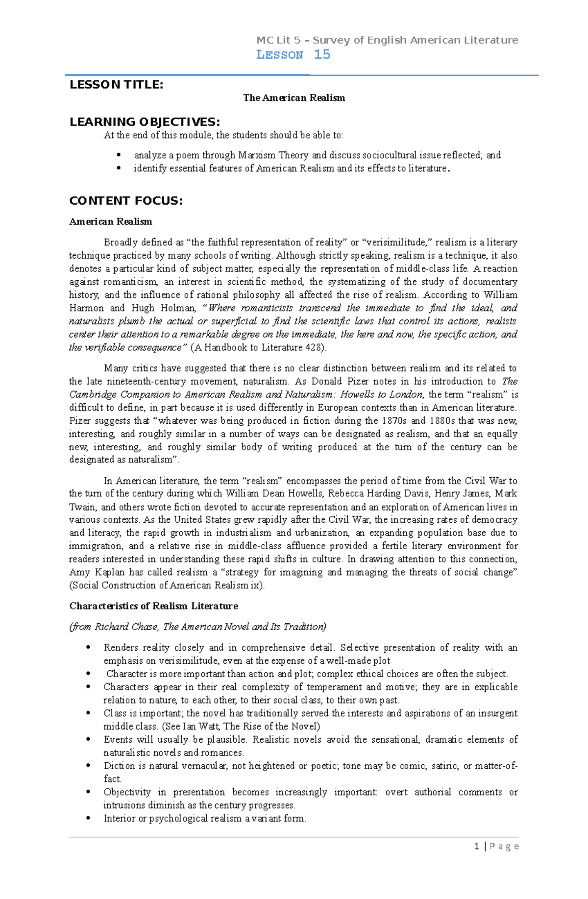 MC Lit 5 Module 5 - Hope it helps - LESSON 15 LESSON TITLE: The ...